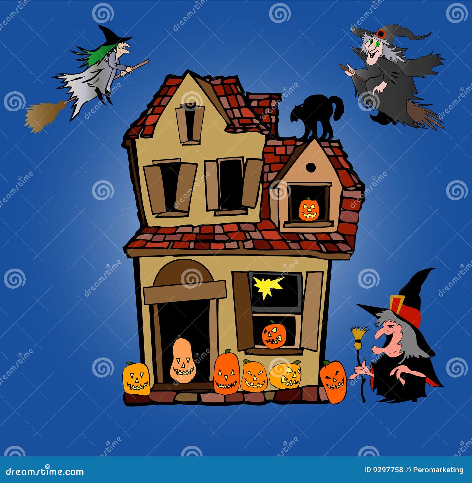Halloween House and Witches Stock Vector - Illustration of spook, draw ...