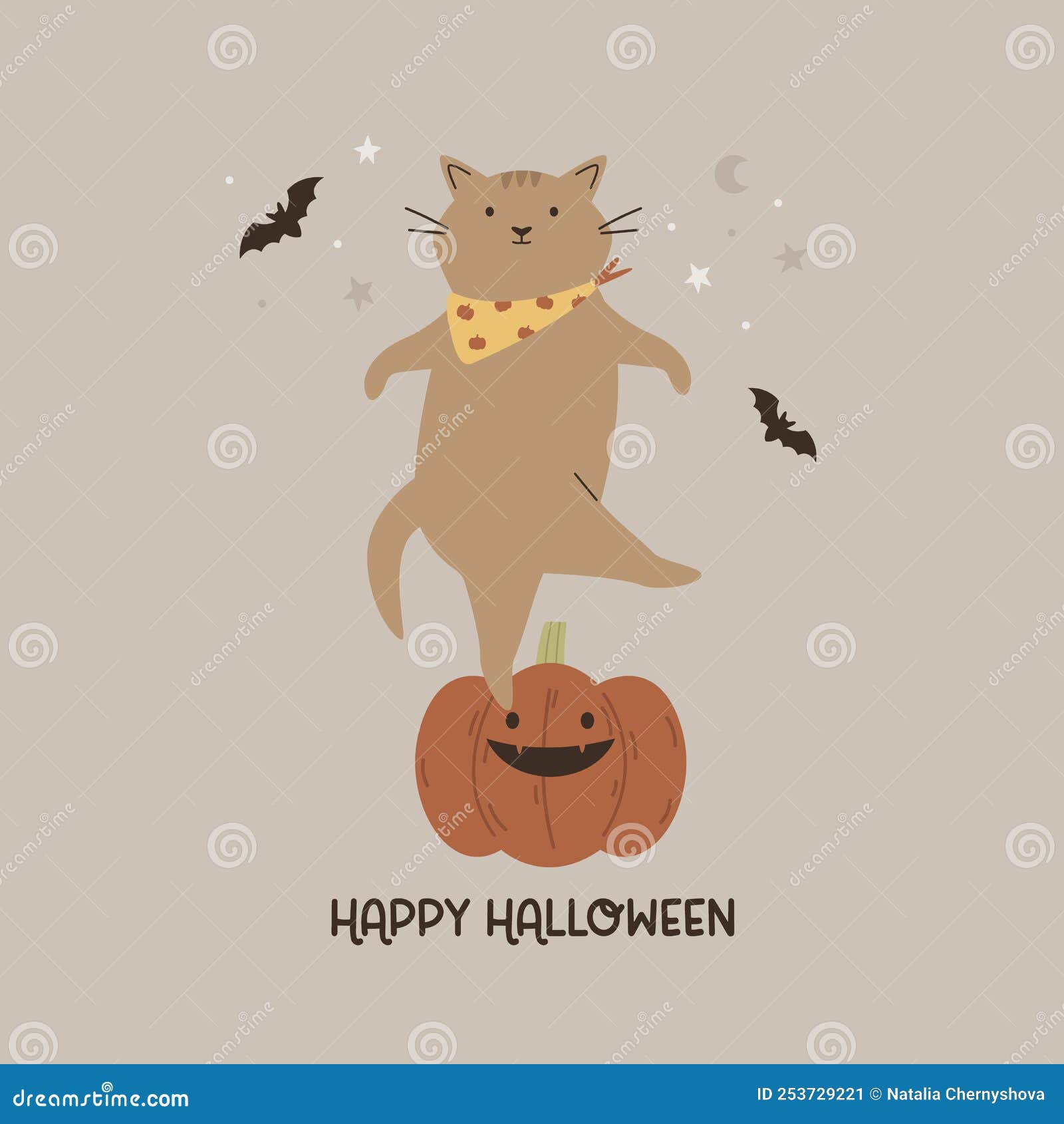 Halloween Illustration with a Funny Cat and Pumpkin Stock Vector ...