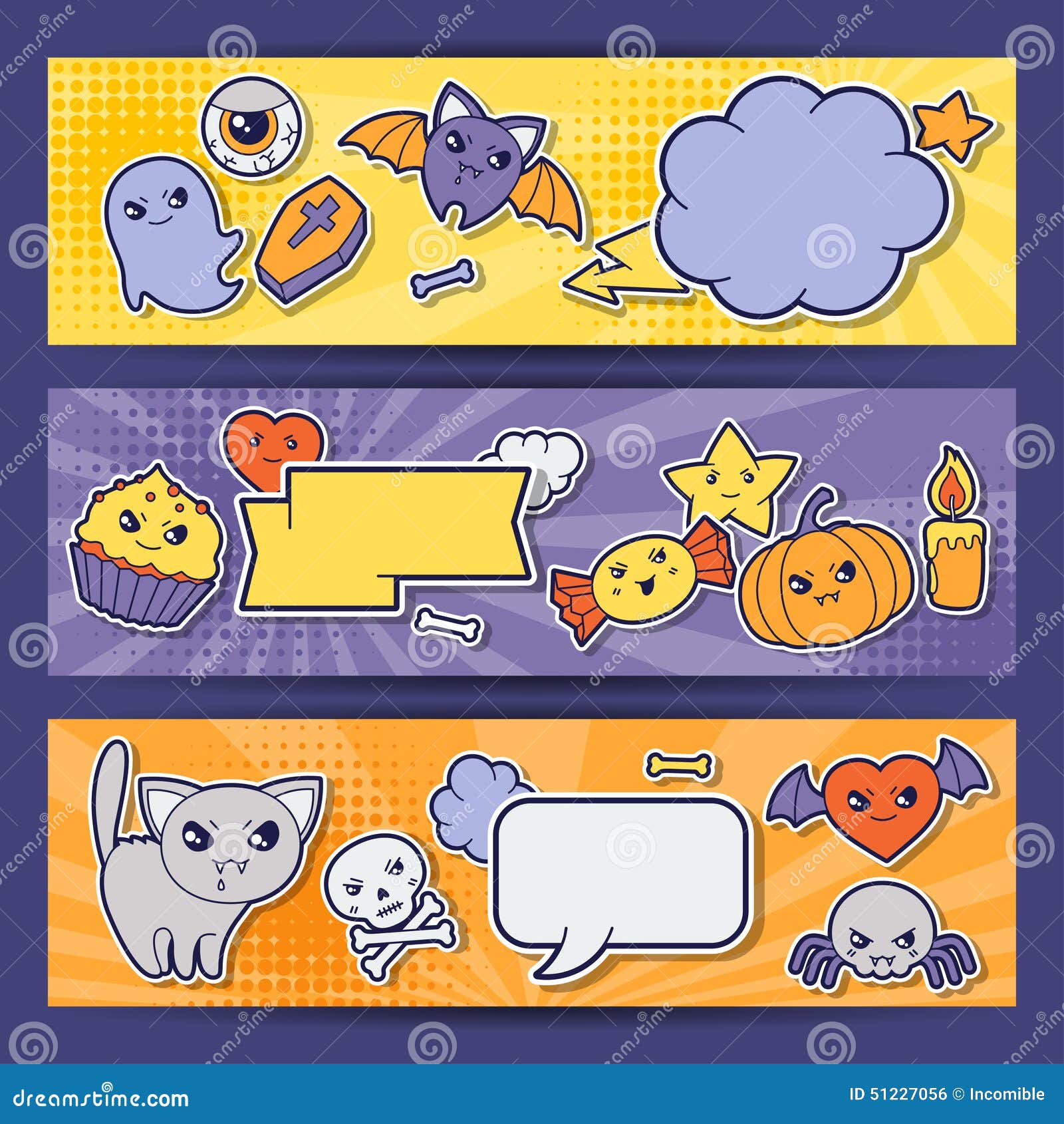 Halloween Kawaii Horizontal Banners with Cute Stock Vector ...