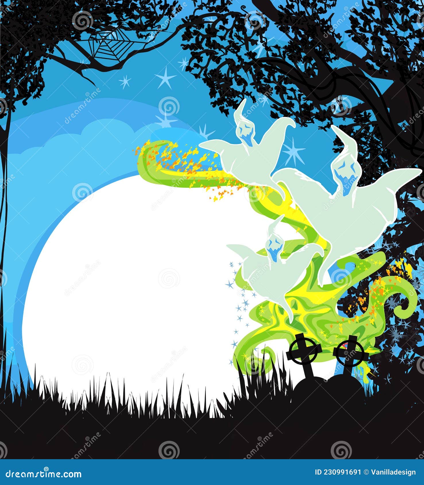 Halloween Landscape with Ghosts and Cemetery - Frame Stock Vector ...