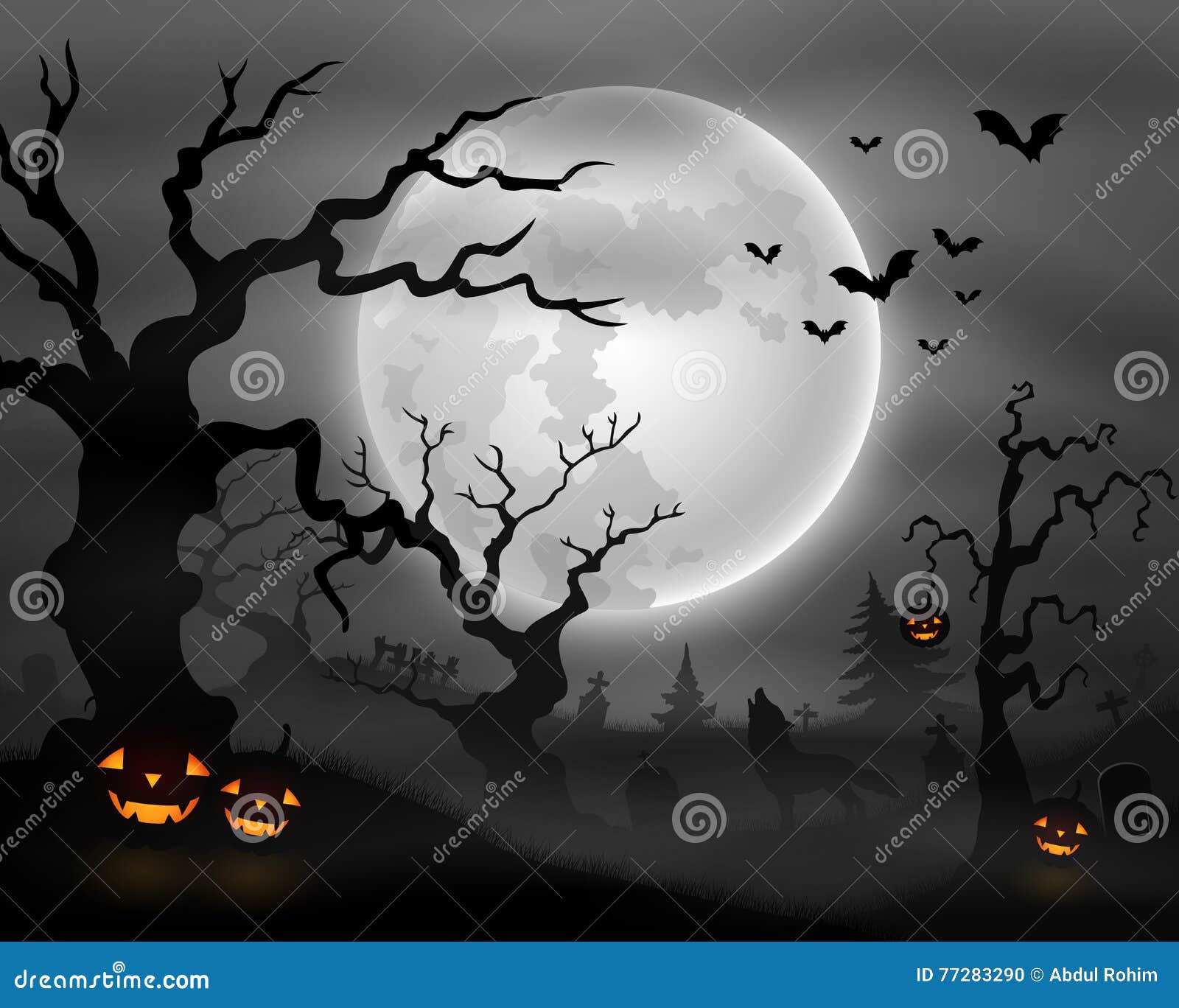 Halloween Night Background With Wolf Howling, Pumpkins And Full Moon ...
