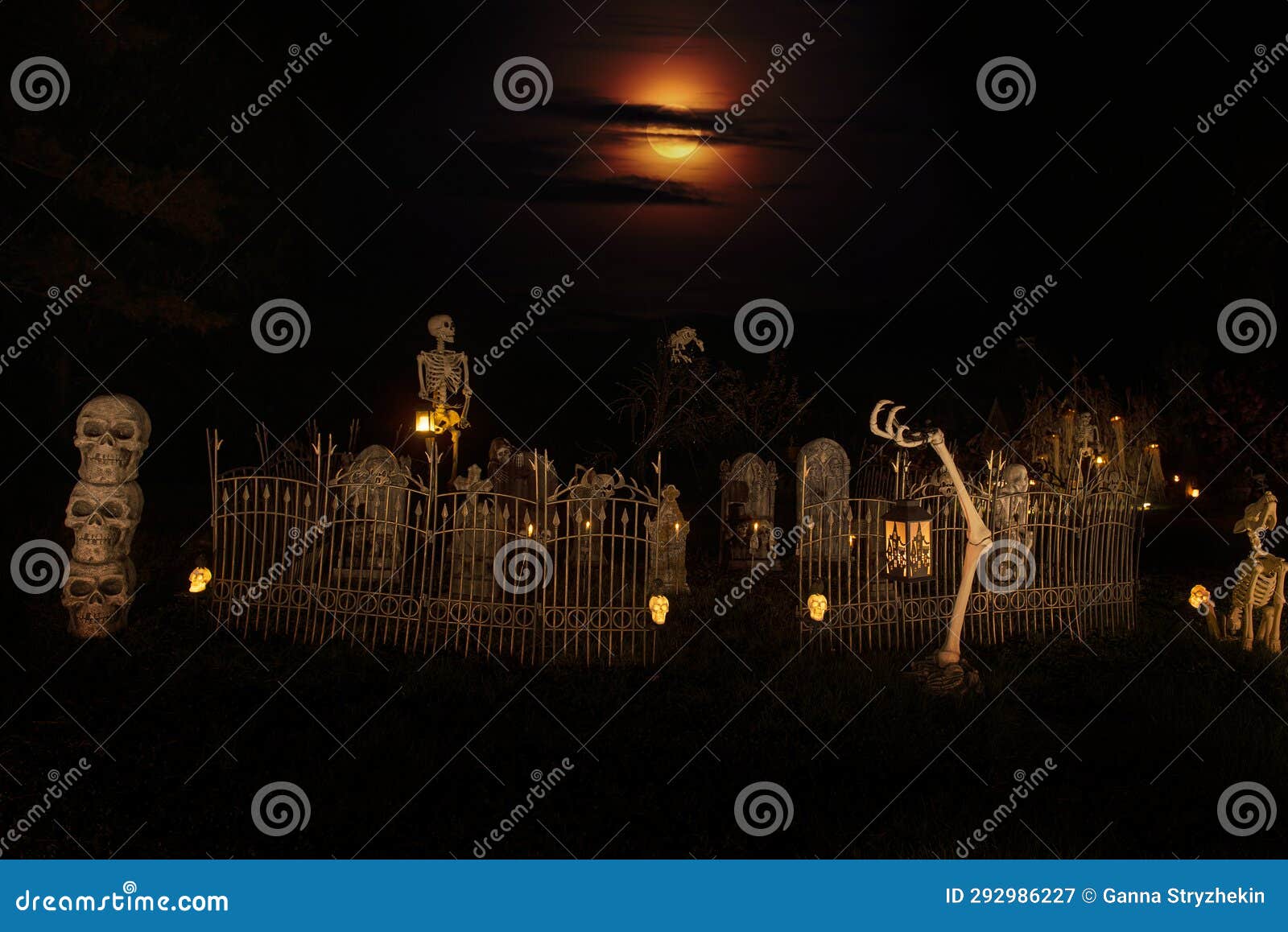 Halloween Night Photo. Cemetery and Skeletons at Night Stock Image ...