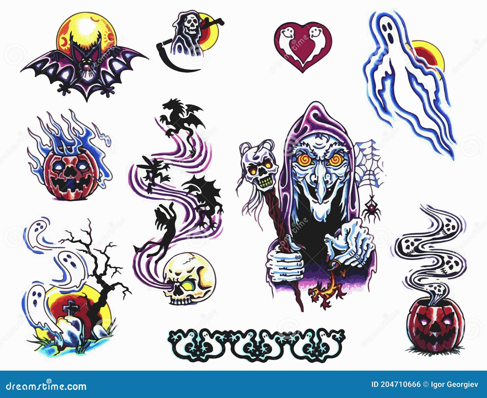 Halloween Oldskool Tattoo Set. Set of Horror Labels and Elements. Stock ...