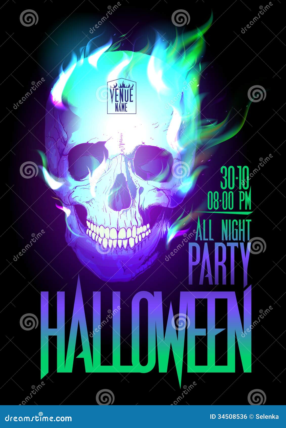 Halloween Party Design with Skull in Flames. Stock Vector ...
