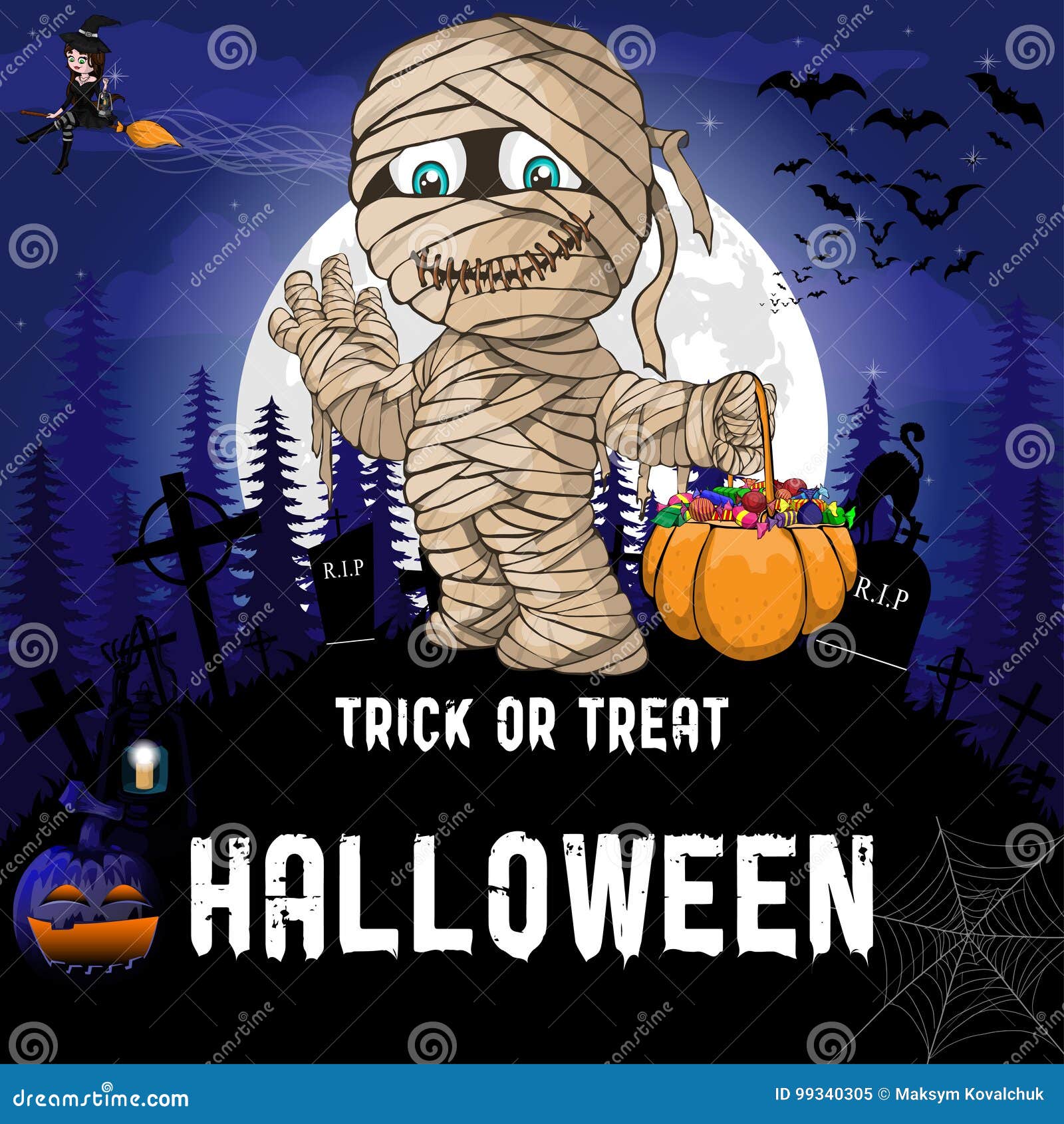 Halloween Party Design Template, with Witch, Mummy, Pumpkin and Lamp ...