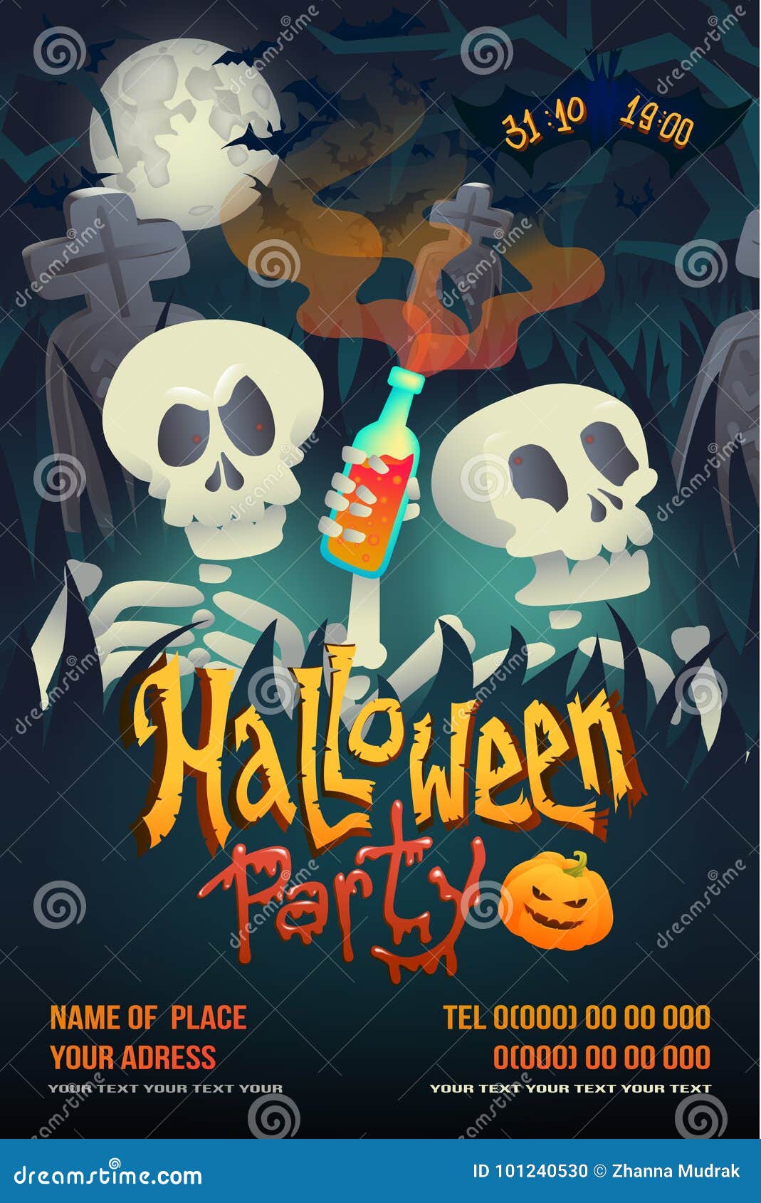Halloween Party Flyer with Skeleton on Dark Cemetery Back Stock ...