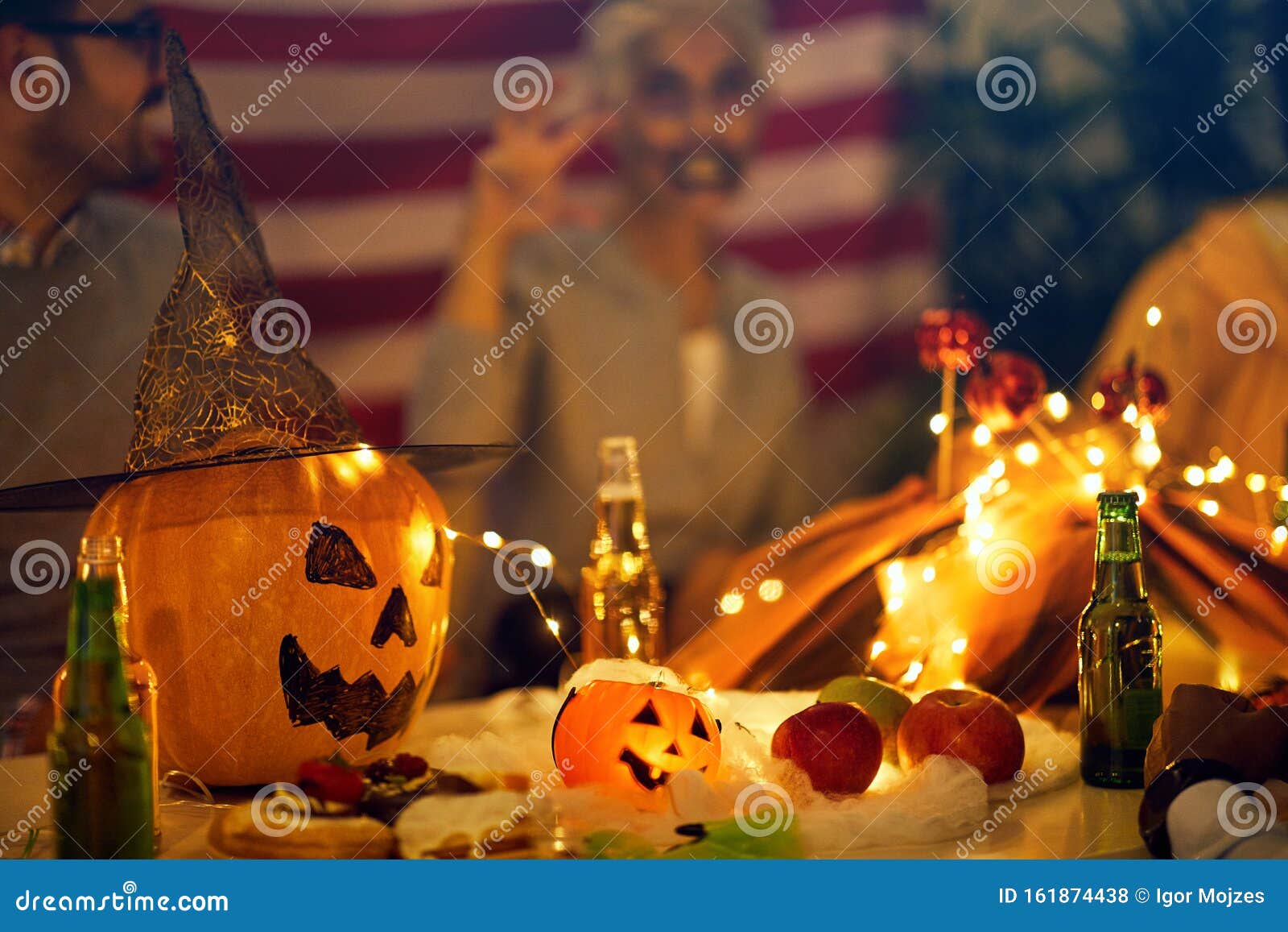 Halloween Party - Pumpkin and String Lights Stock Photo - Image of dark ...
