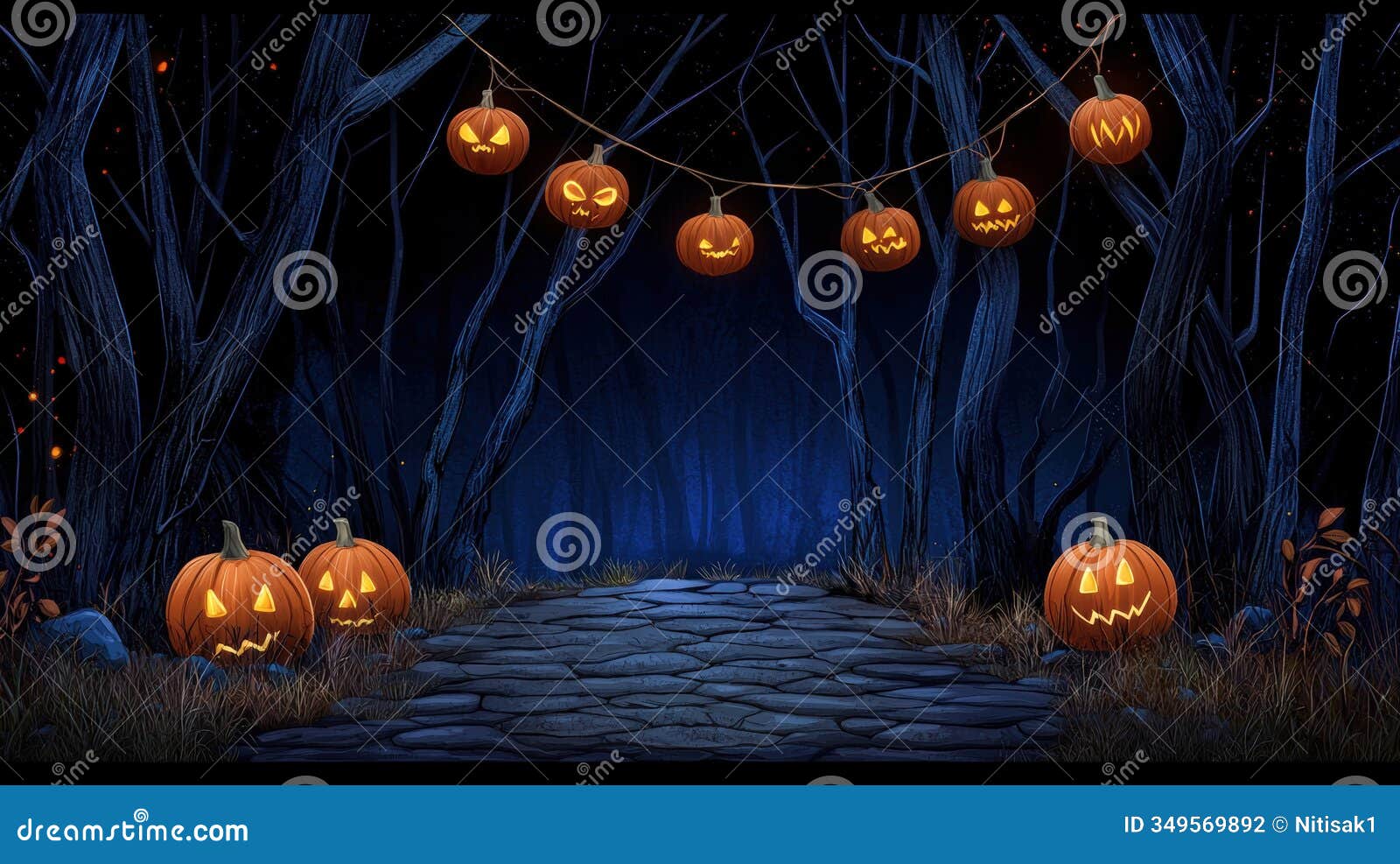 Halloween Pathway with Carved Pumpkins and Spooky Trees Under a Night ...