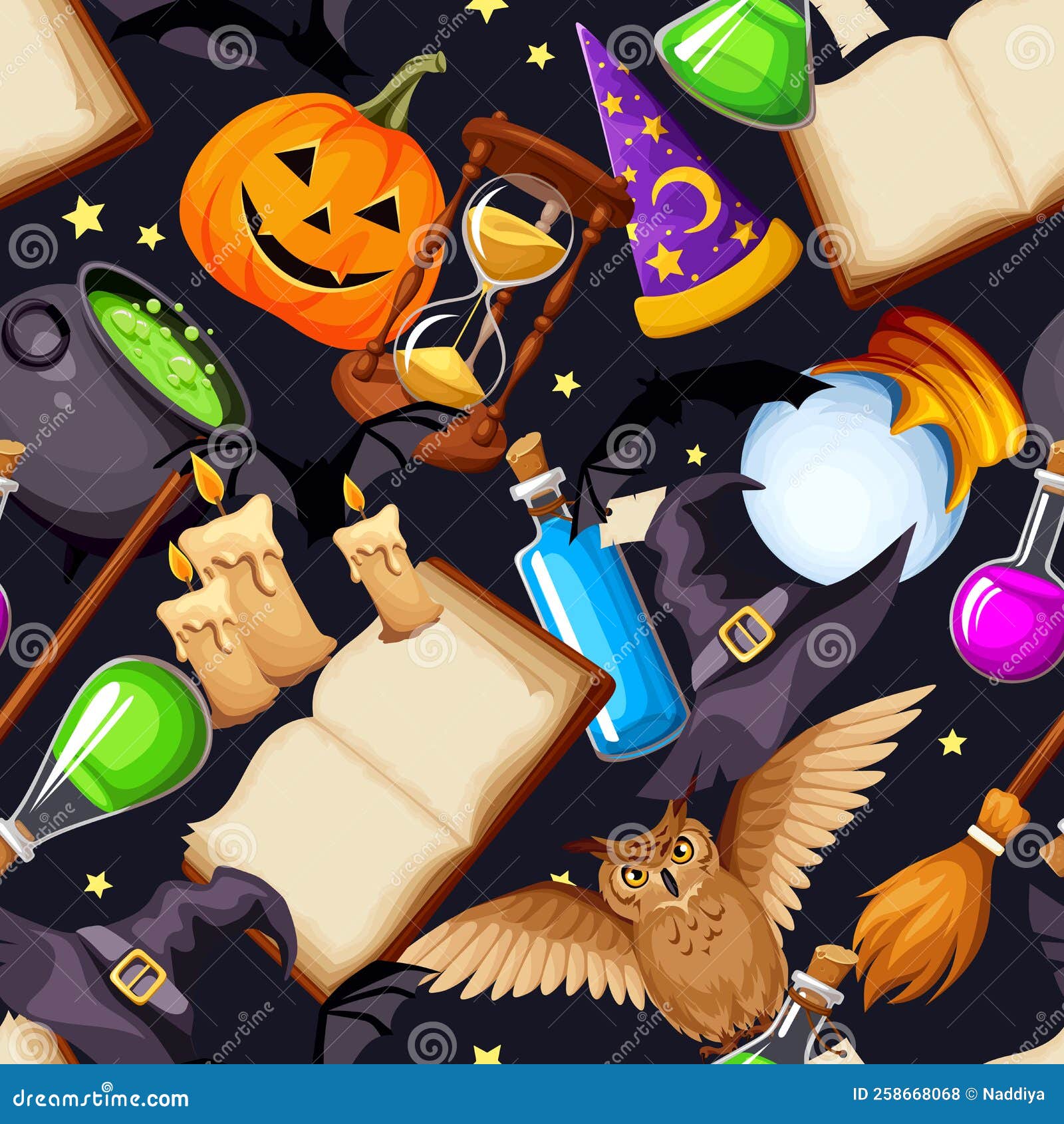 Halloween Pattern with Magic Items. Vector Seamless Background Stock ...