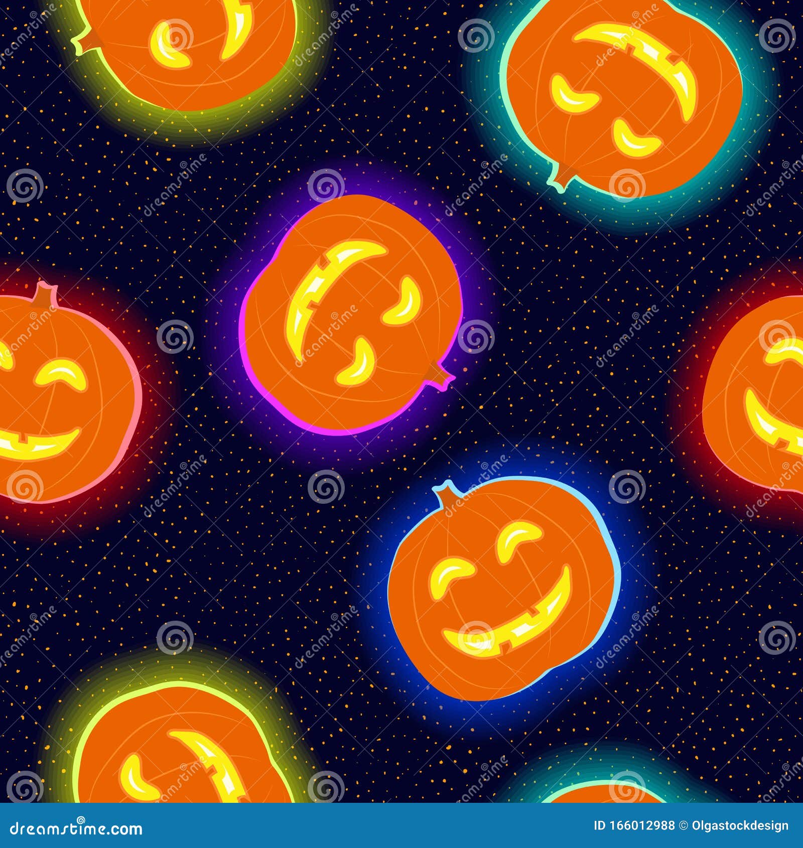 Halloween Pattern. Vector Seamless Background with Neon Glowing ...