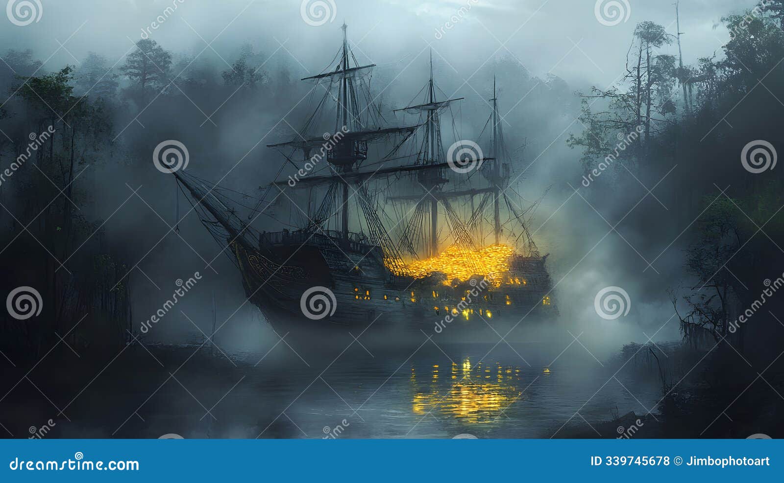 Halloween Pirate Ship, Abandoned Pirate Ship Glowing Cursed Gold Stock ...