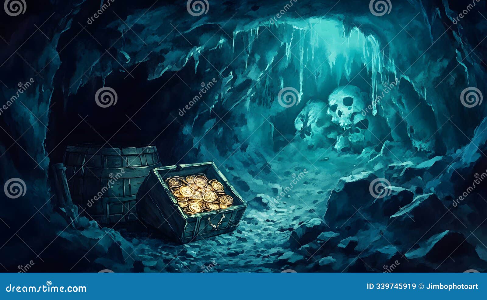 Halloween Pirate Ship, Cursed Pirate Treasure Glowing In Dark Cave ...