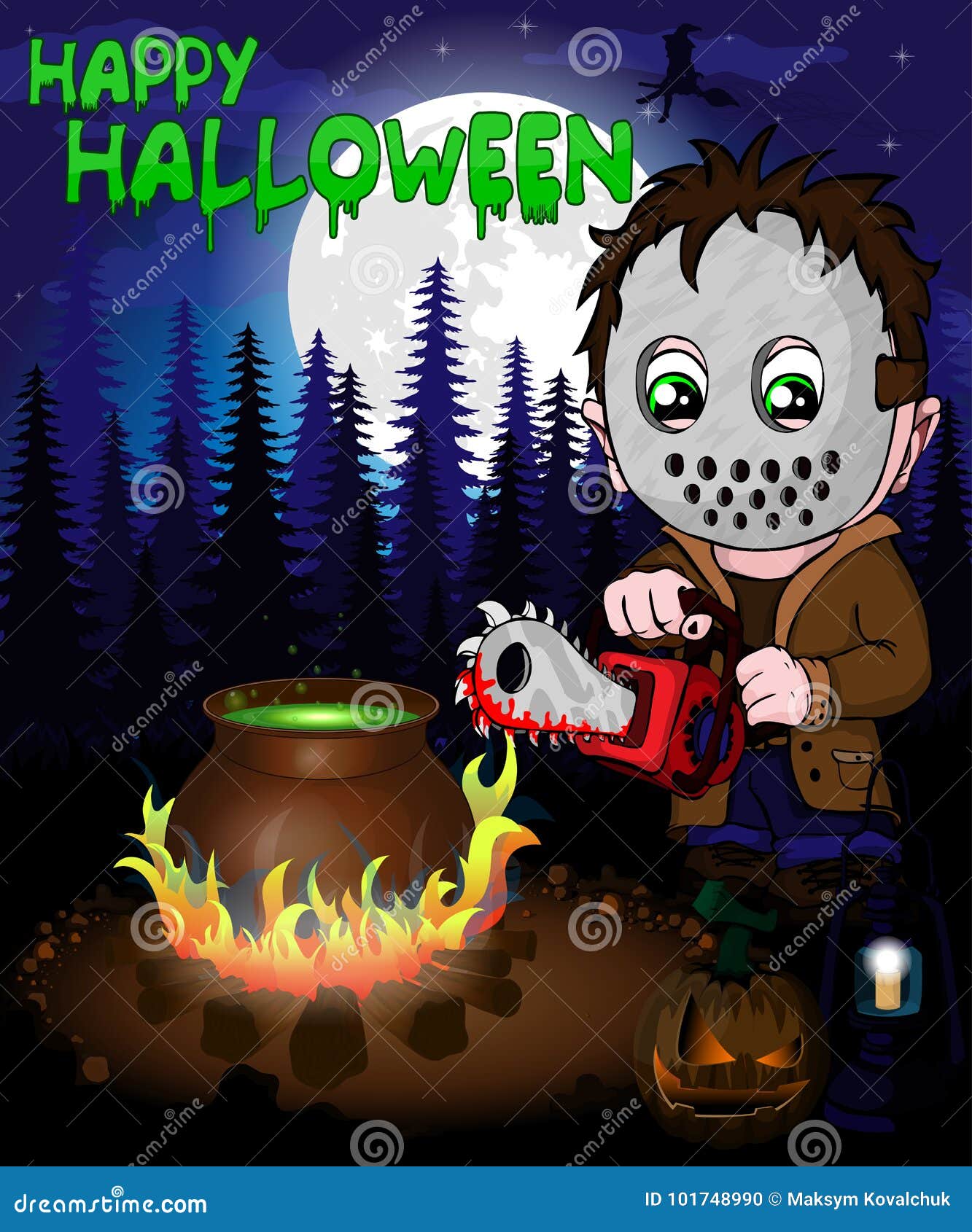 Halloween Poster with Killer with Mask in Forest. Vector Illustration ...