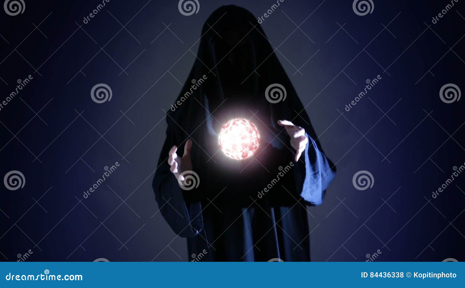 Halloween. Powerful Witch or Wizard with Fireball in Hands. Ball from ...