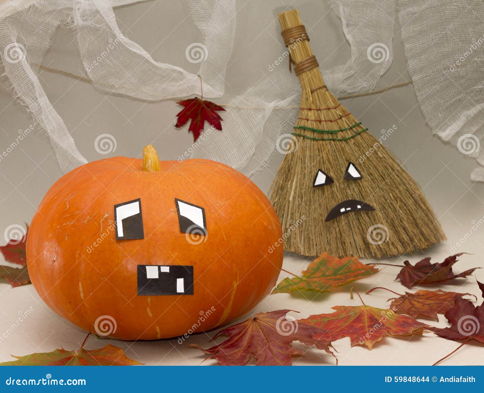 Halloween. Pumpkin and Broom with Funny Faces Stock Photo - Image of ...