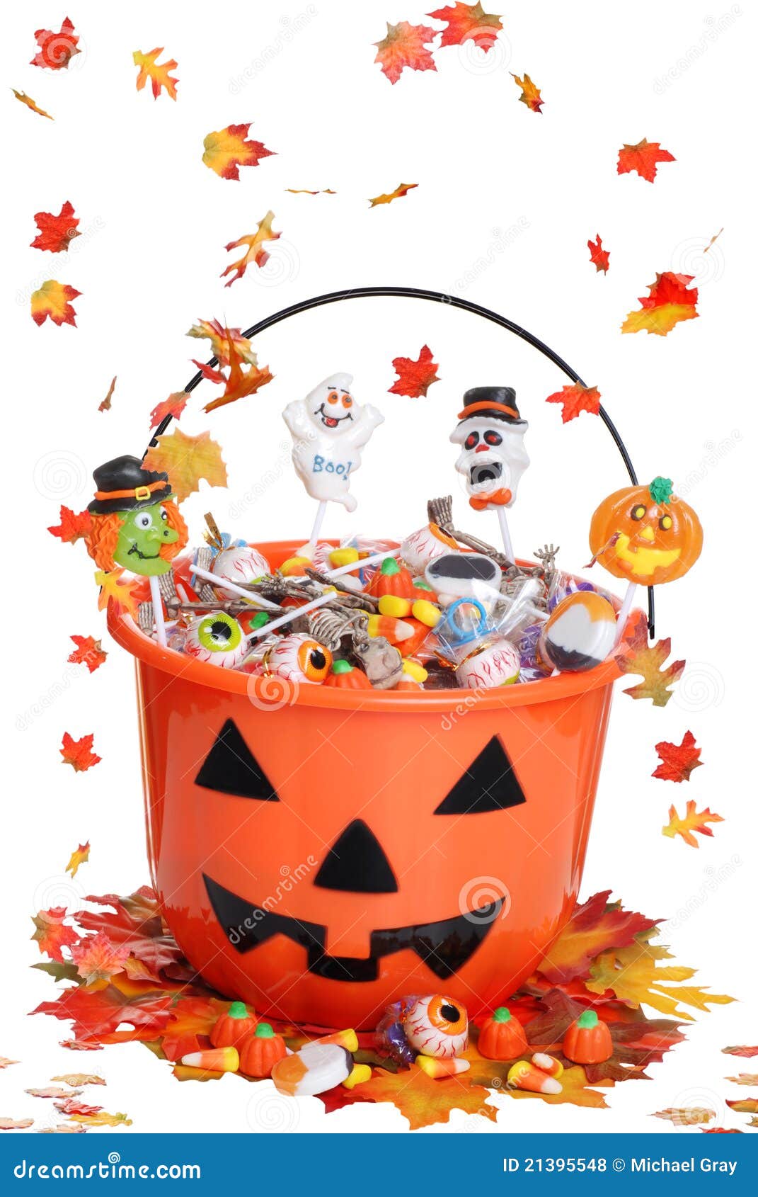 Halloween Pumpkin Bucket with Candy Fall Leaves Stock Photo - Image of ...