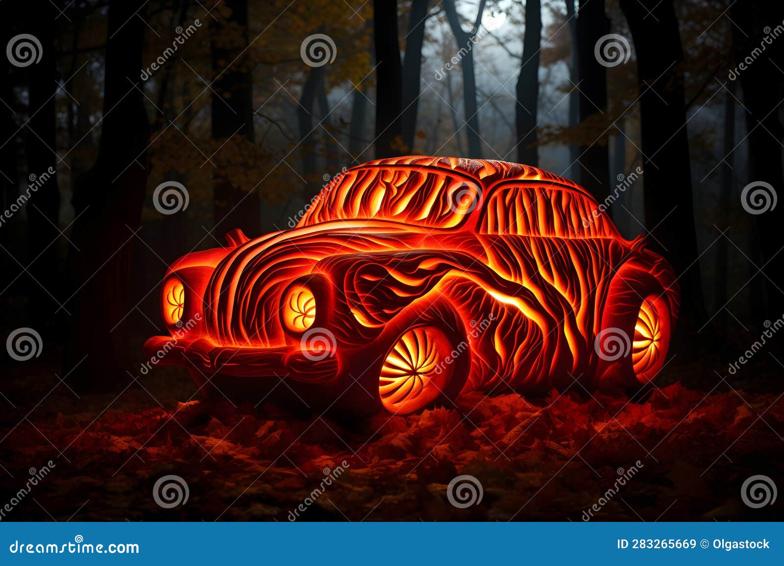 Halloween Pumpkin Car Glowing Red in the Dark Forest Stock Illustration ...