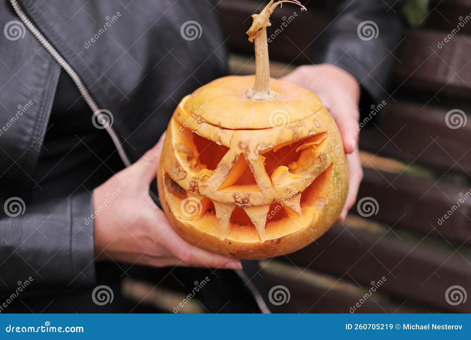 Halloween Pumpkin in the Hands of a Girl Stock Image - Image of fear ...