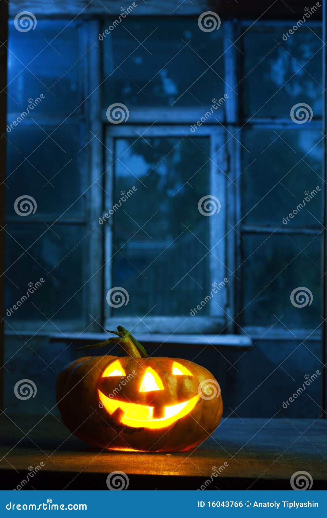 Halloween Pumpkin in Night on Old Wood Room Stock Photo - Image of ...
