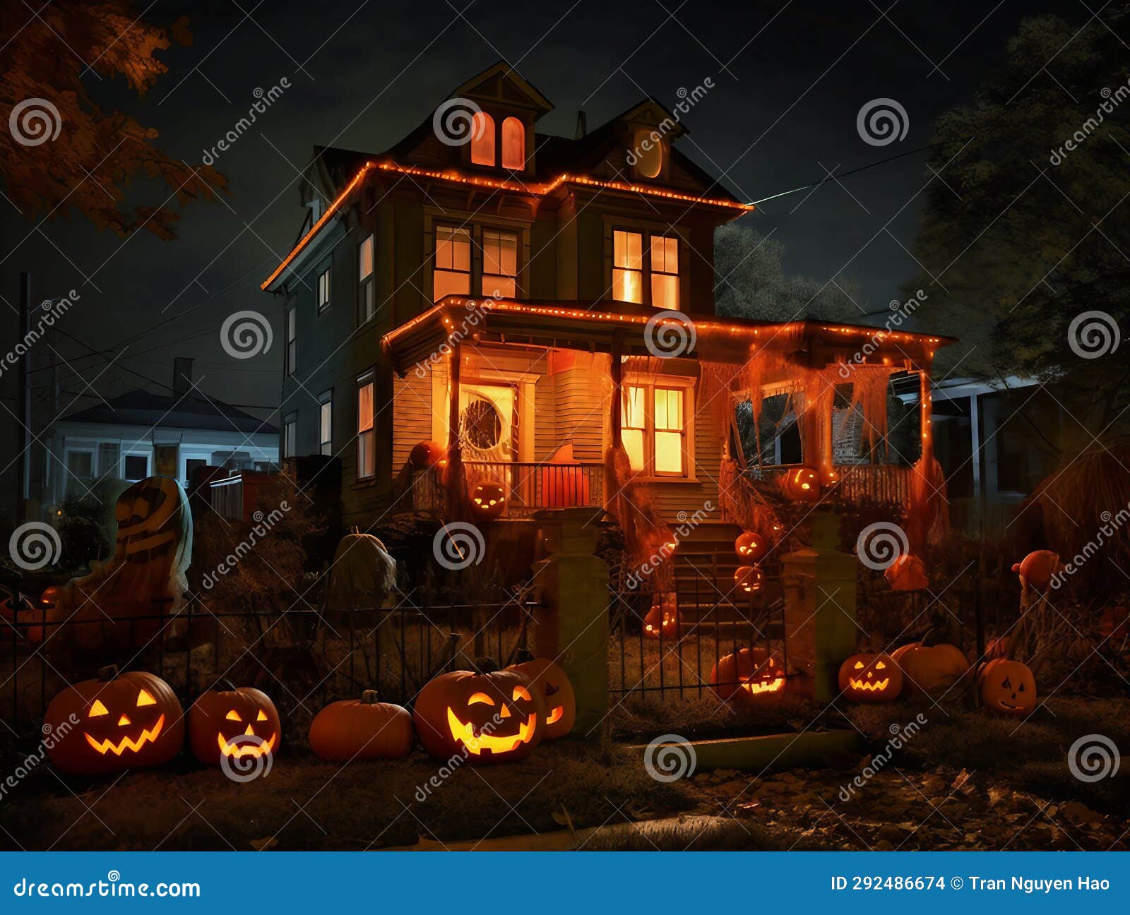 Halloween Pumpkin in Front of a Haunted House. 3D Rendering. Stock ...