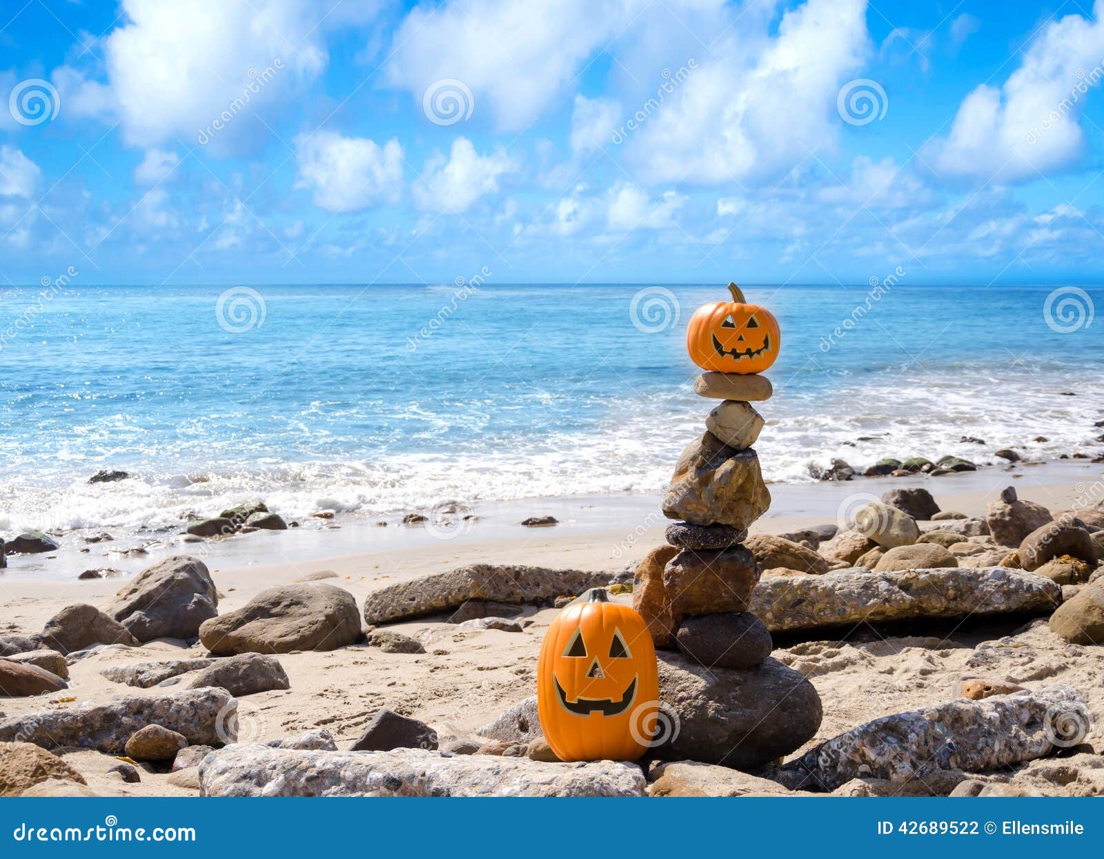 Halloween Pumpkins on the Beach Stock Photo - Image of white, smiling ...