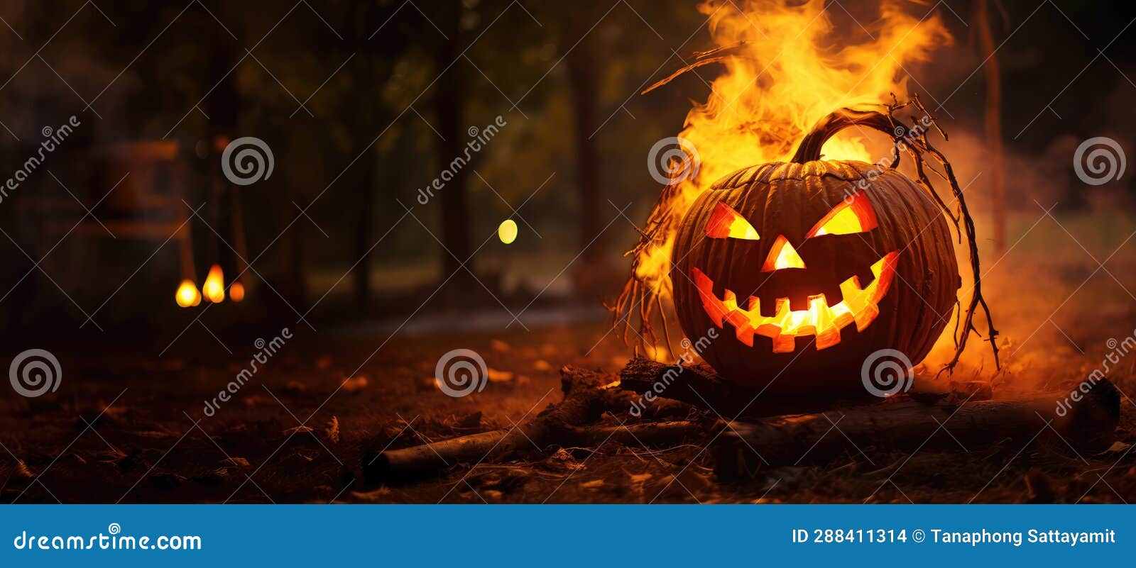 Halloween Pumpkins Burning on the Background of the Forest and Fire ...