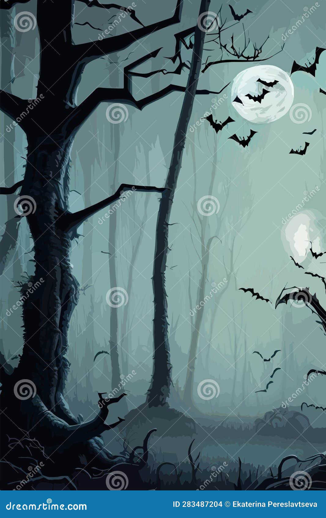 Halloween Pumpkins in the Dark Spooky Forest. Vector Illustration for ...