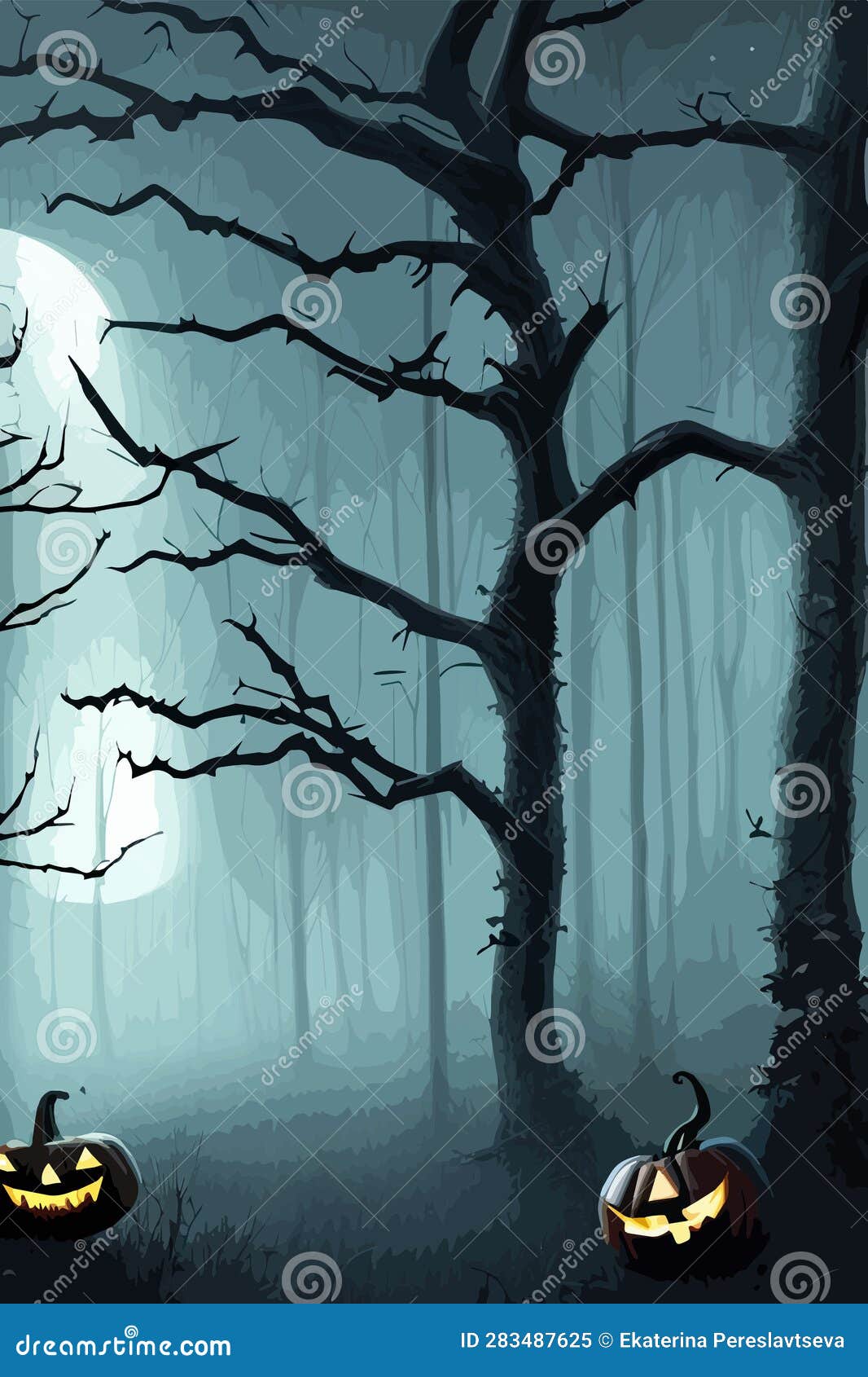 Halloween Pumpkins in the Dark Spooky Forest. Vector Illustration for ...