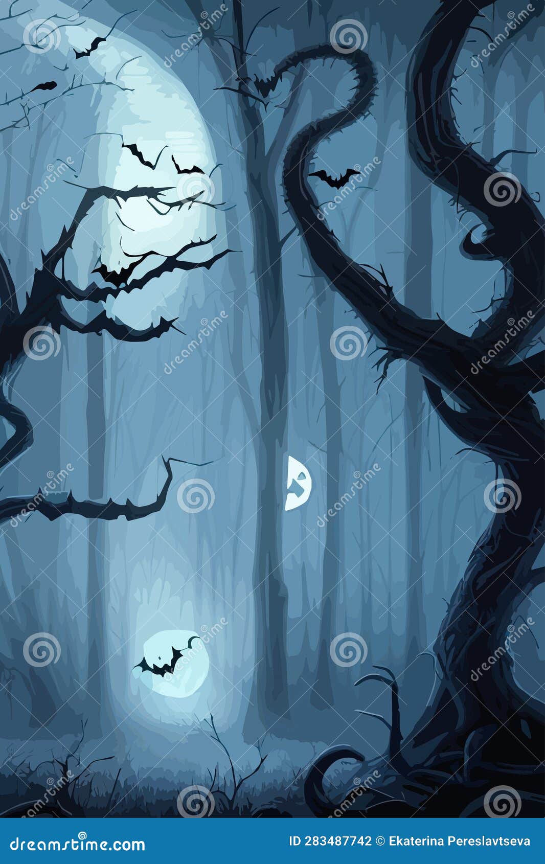Halloween Pumpkins in the Dark Spooky Forest. Vector Illustration for ...