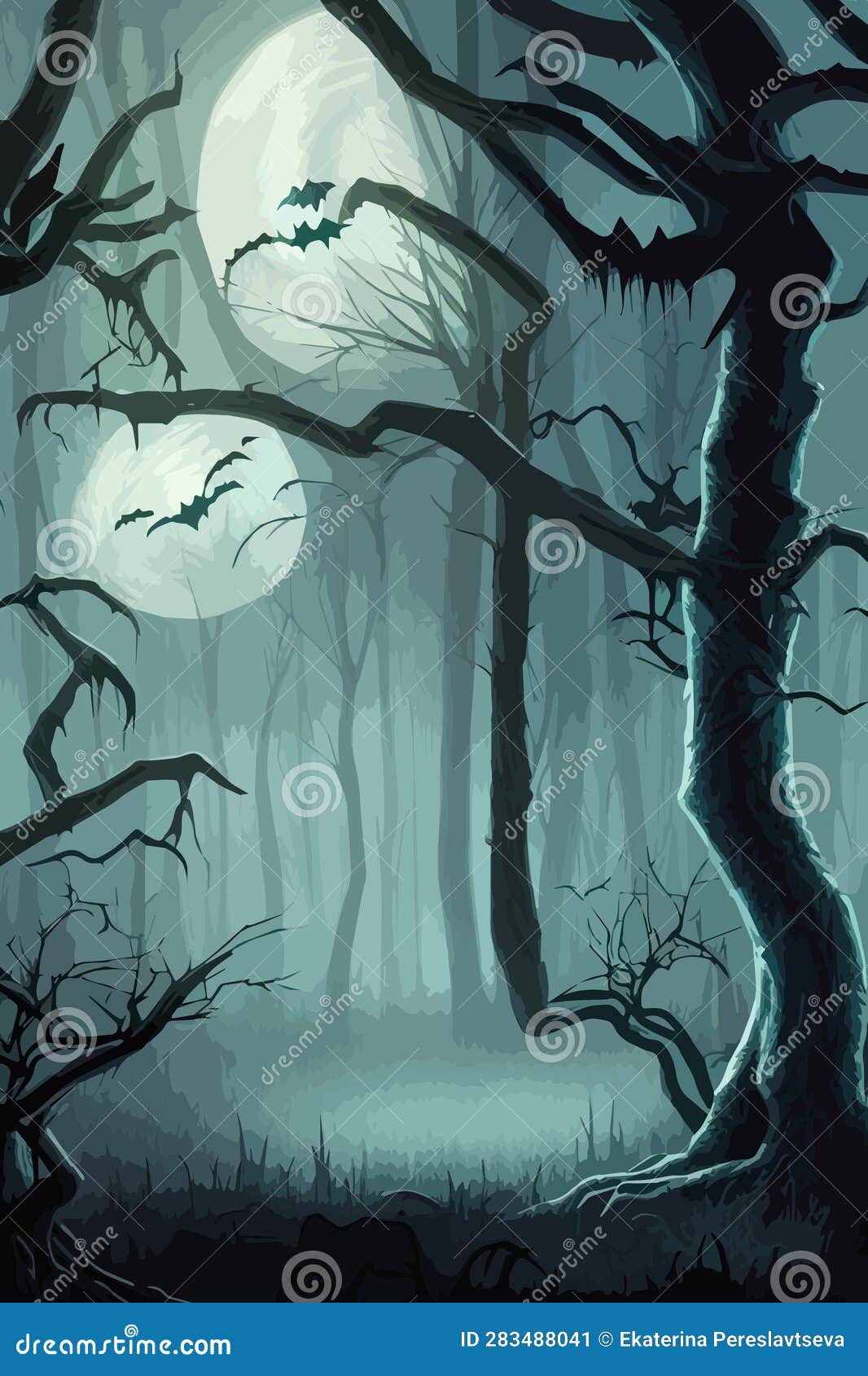 Halloween Pumpkins in the Dark Spooky Forest. Vector Illustration for ...