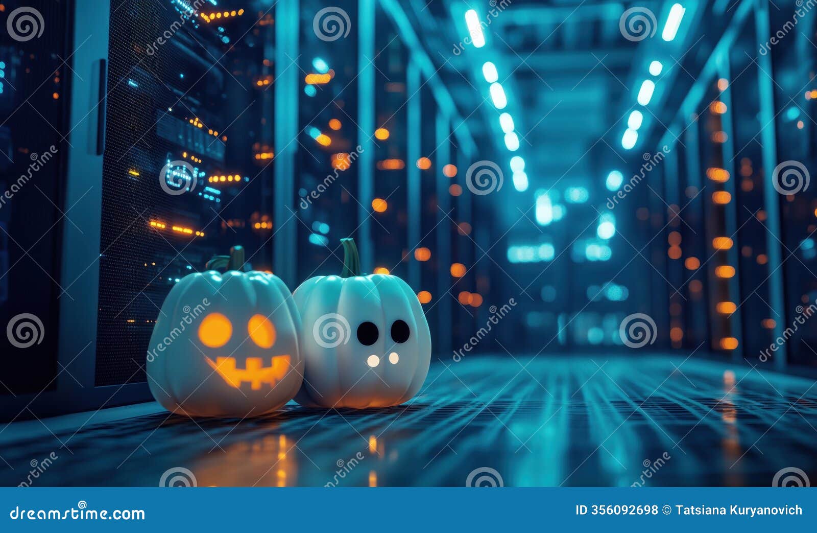 Halloween Pumpkins in Data Center, Glowing Faces, Modern Technology ...
