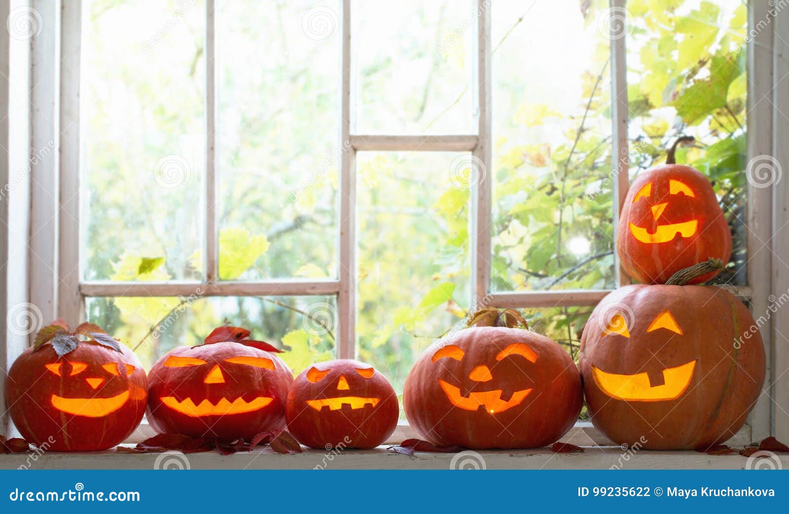 Halloween Pumpkins on Window Stock Photo - Image of country, indoor ...