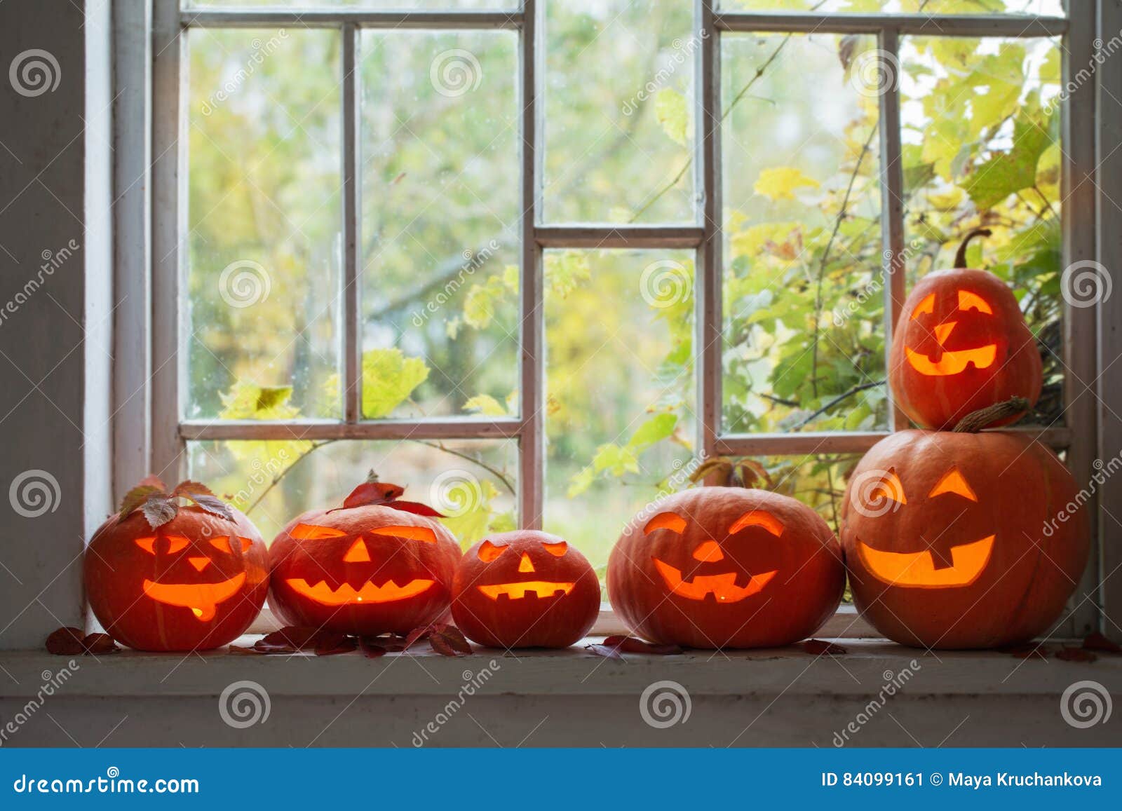 Halloween Pumpkins On Window Stock Image - Image of halloween, house ...