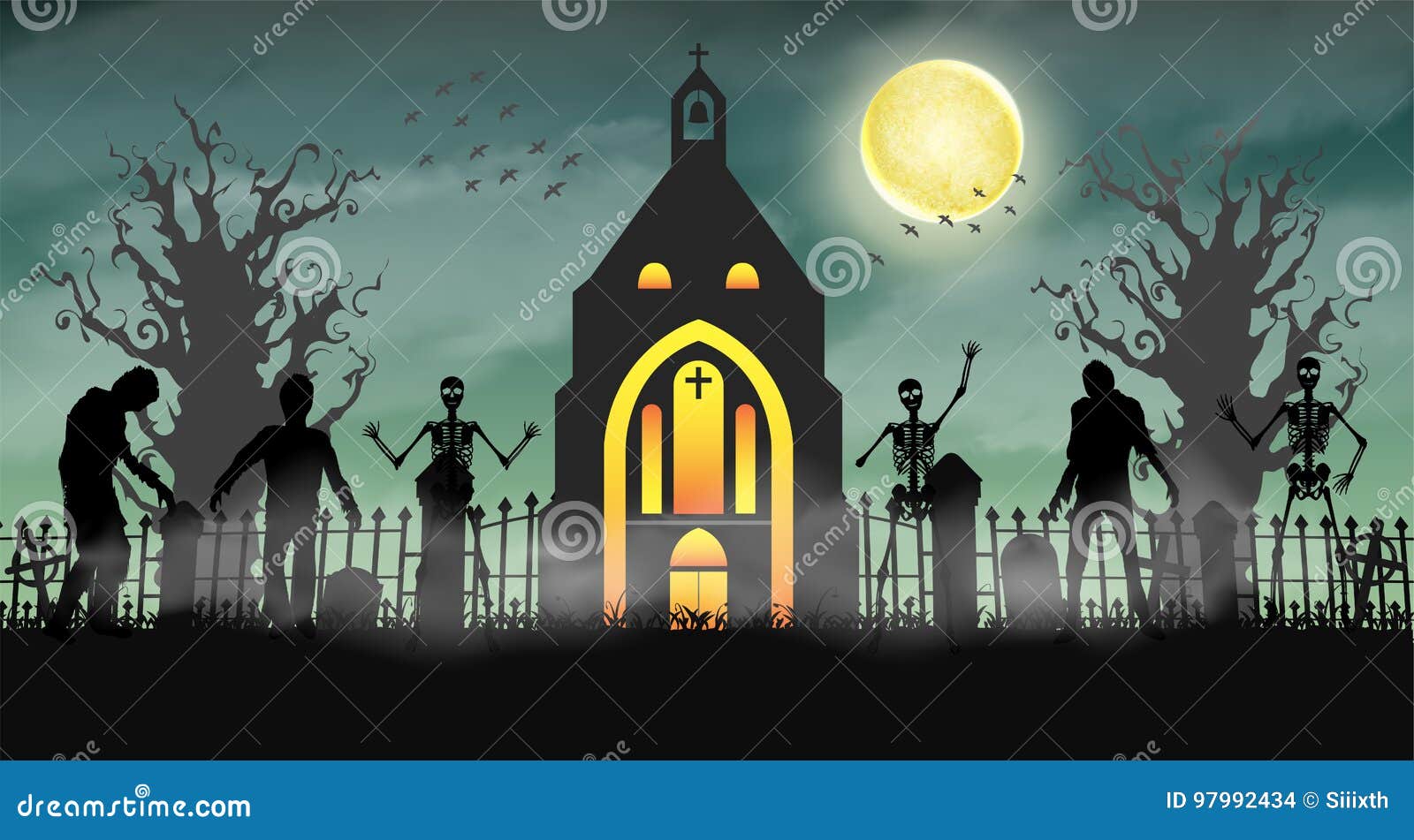 Halloween Scary Zombie in Graveyard with Church Stock Vector ...