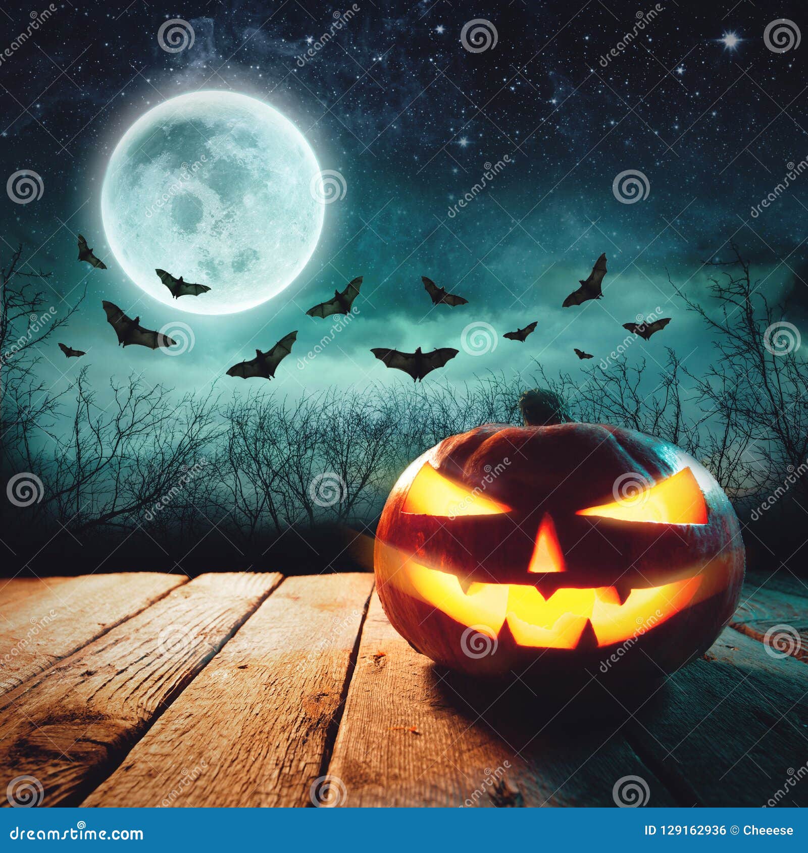 Halloween Scene - Jack Lanterns Glowing at Moonlight in the Spooky ...