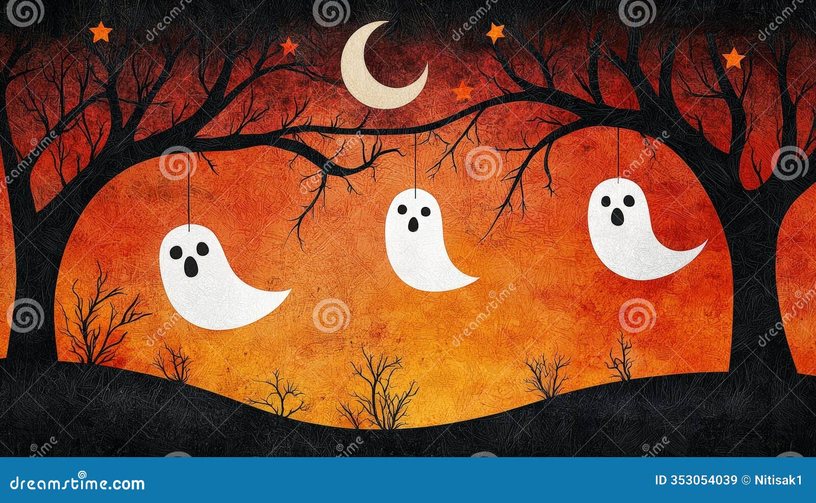 Halloween Scene with Spooky Ghosts Trees and a Crescent Moon on an ...