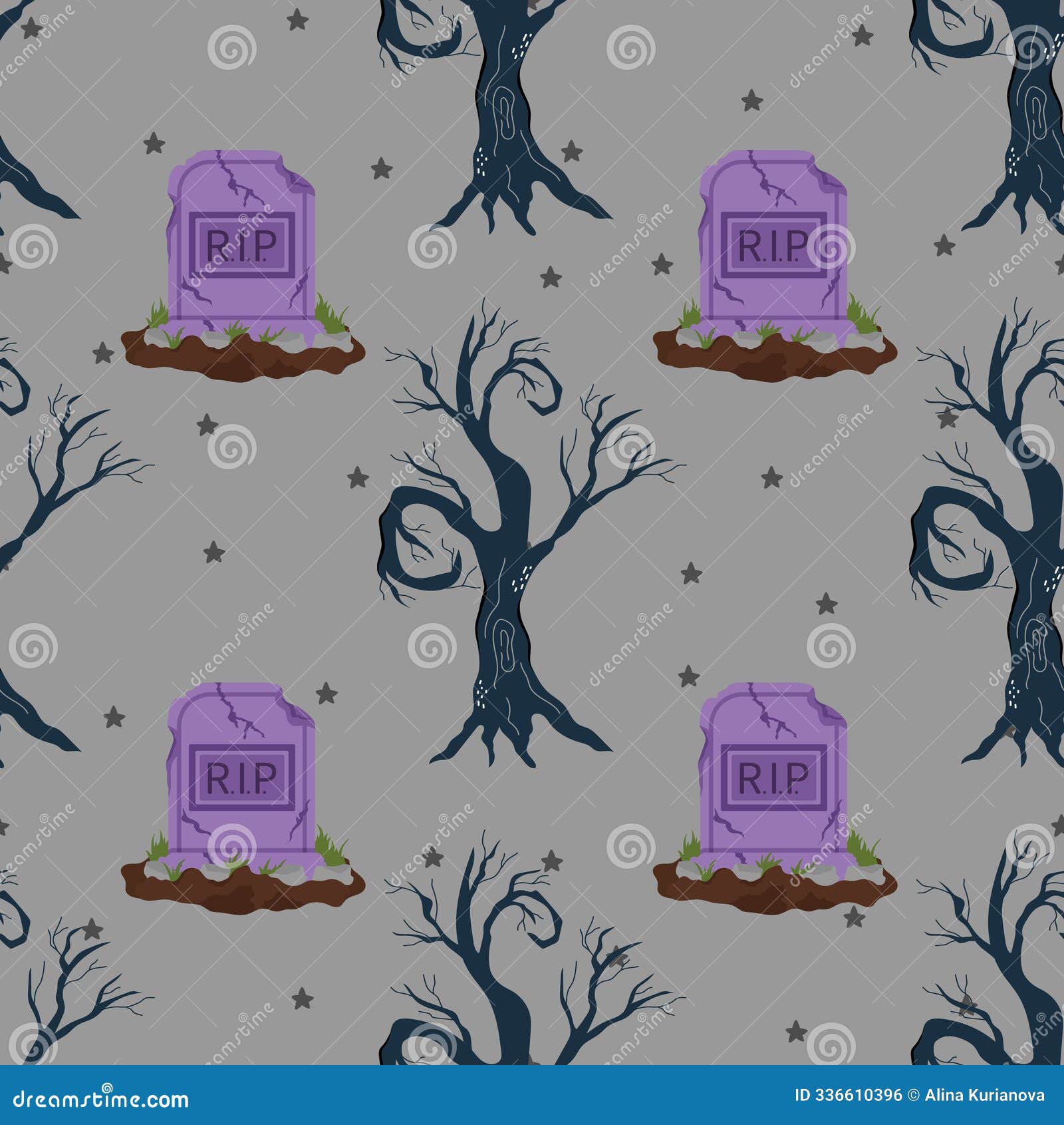 Halloween Seamless Pattern with Grave RIP and Creepy Tree. Vector ...