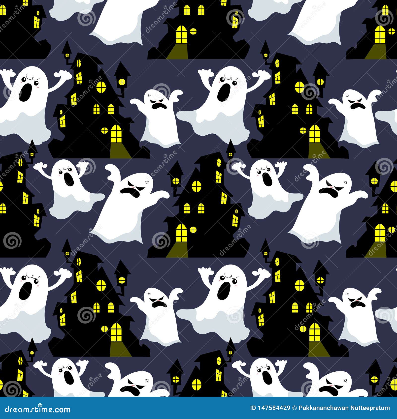 Halloween Seamless Pattern with Haunted House and Ghost. Stock Vector ...