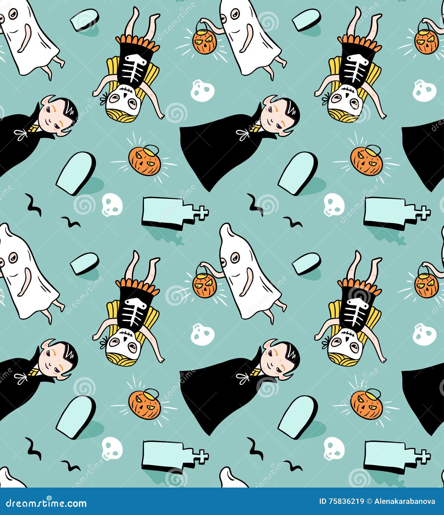 Halloween Seamless Pattern. Vector Background with Children in Costumes ...