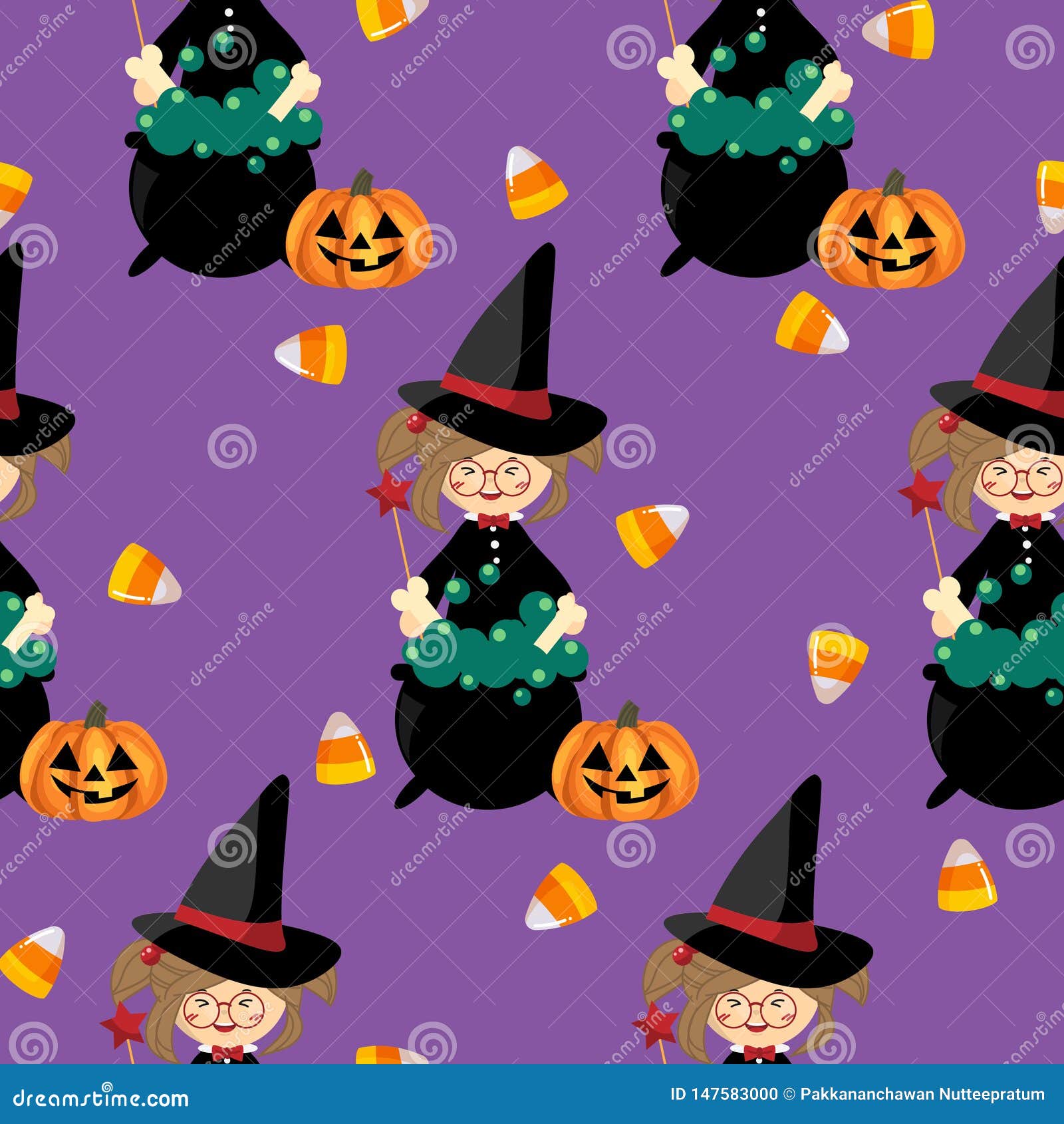 Halloween Seamless Pattern with Young Witch. Stock Vector ...