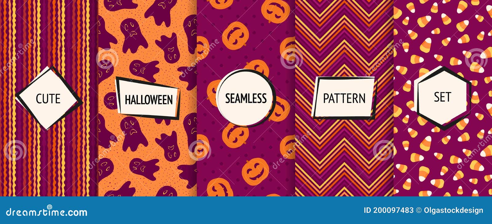 Halloween Seamless Patterns Collection. Vector Set of Cute Background ...