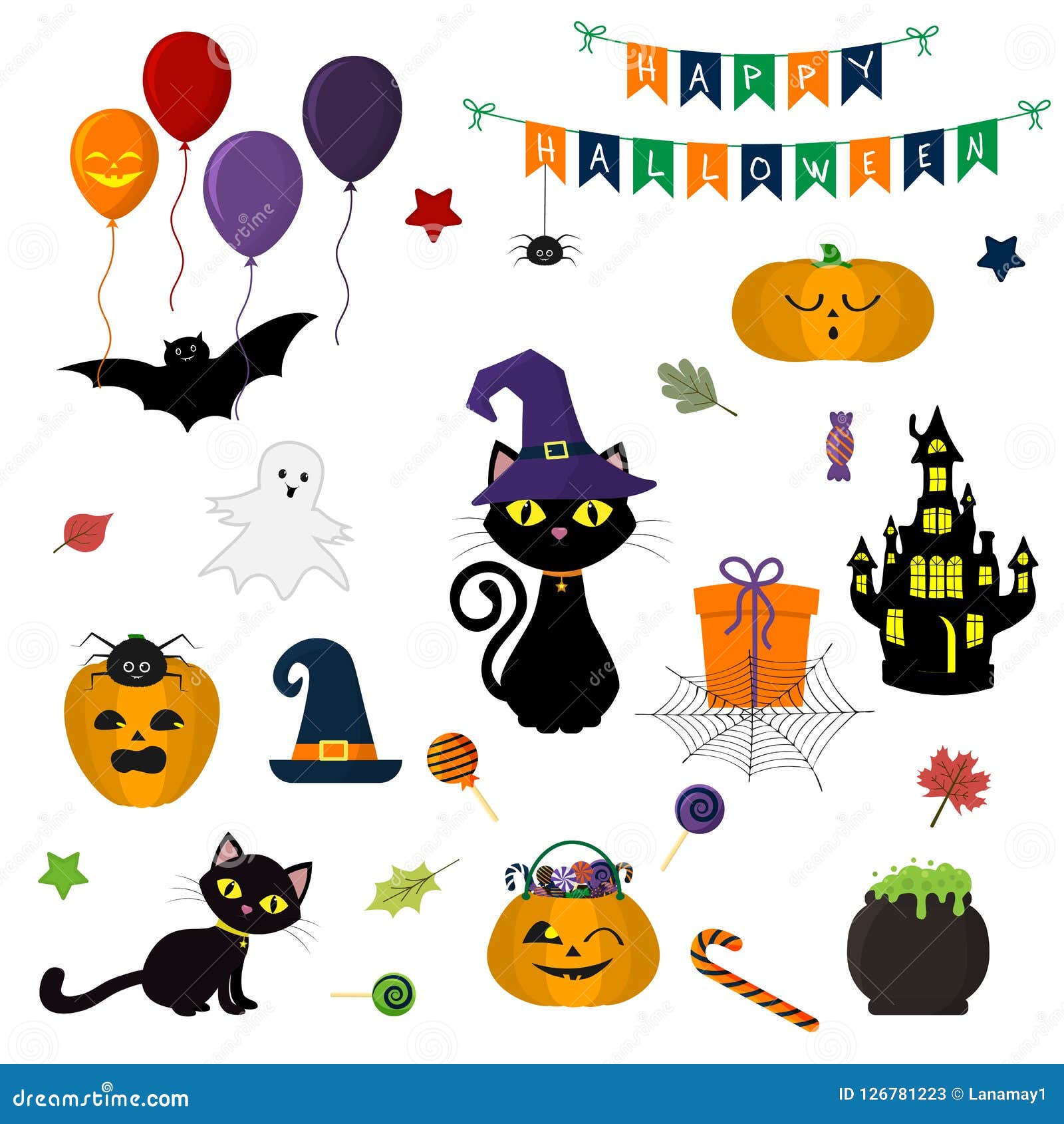 Halloween Set of Cute Elements, Objects and Icons for Your Design in a ...