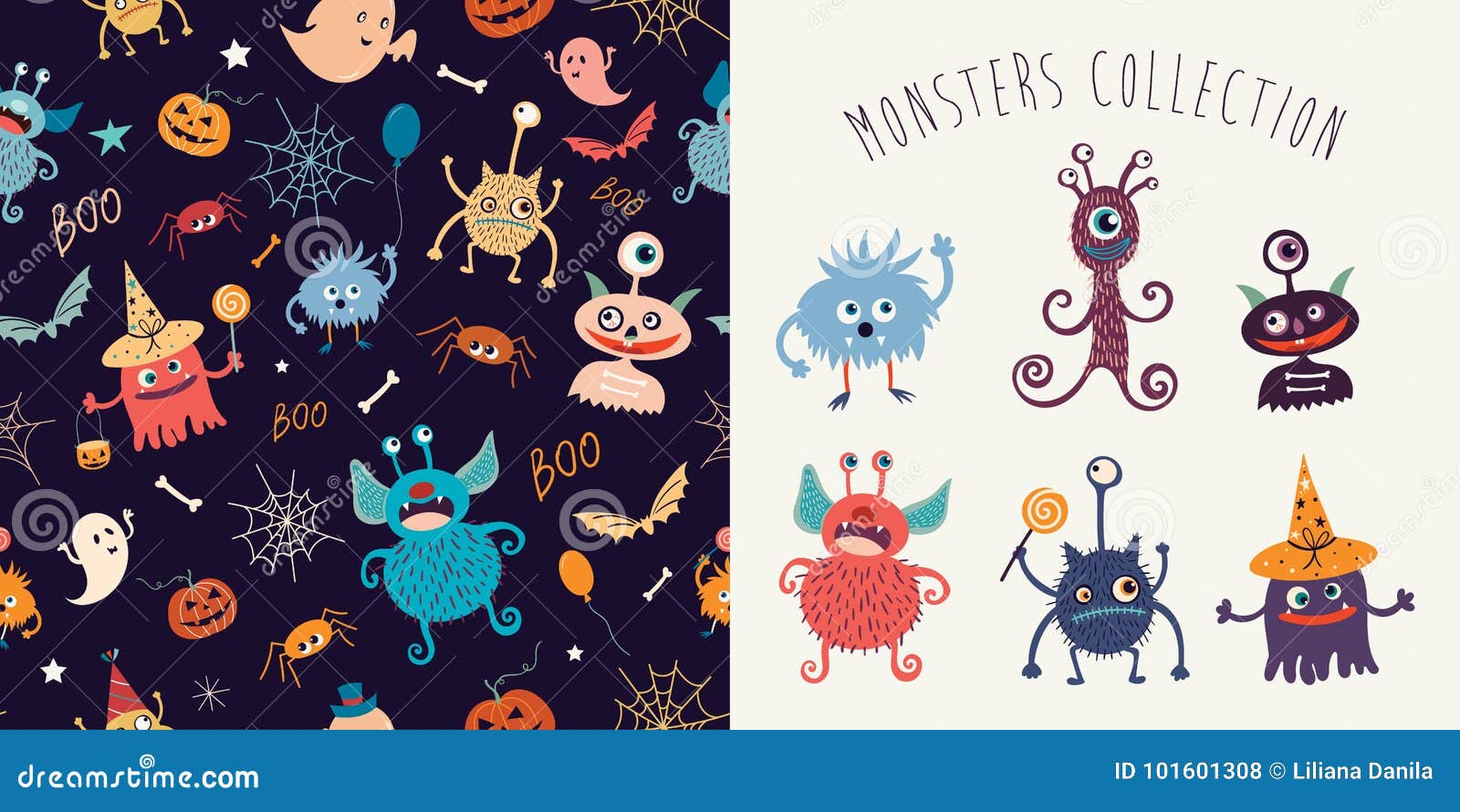 Halloween Set with Pattern and Funny Monsters Stock Vector ...