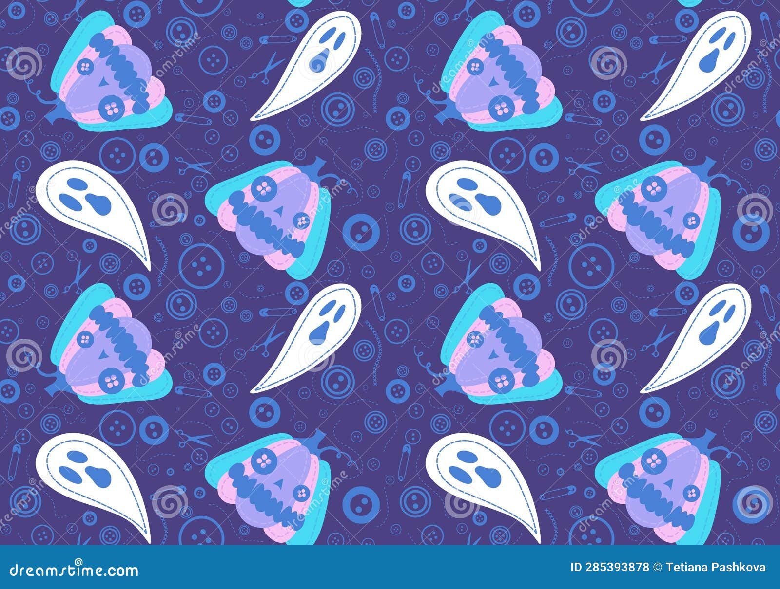Halloween Sewing Monsters Seamless Pumpkins and Ghost and Buttons and ...