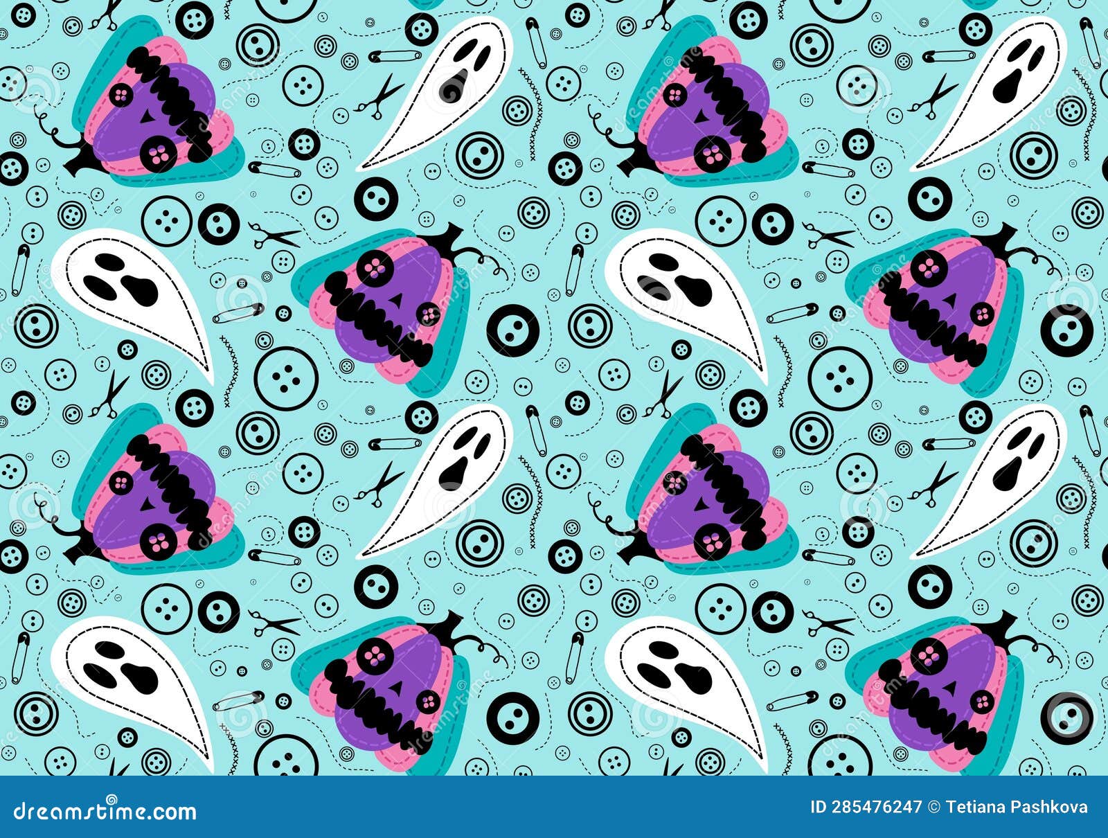 Halloween Sewing Monsters Seamless Pumpkins and Ghost and Buttons and ...