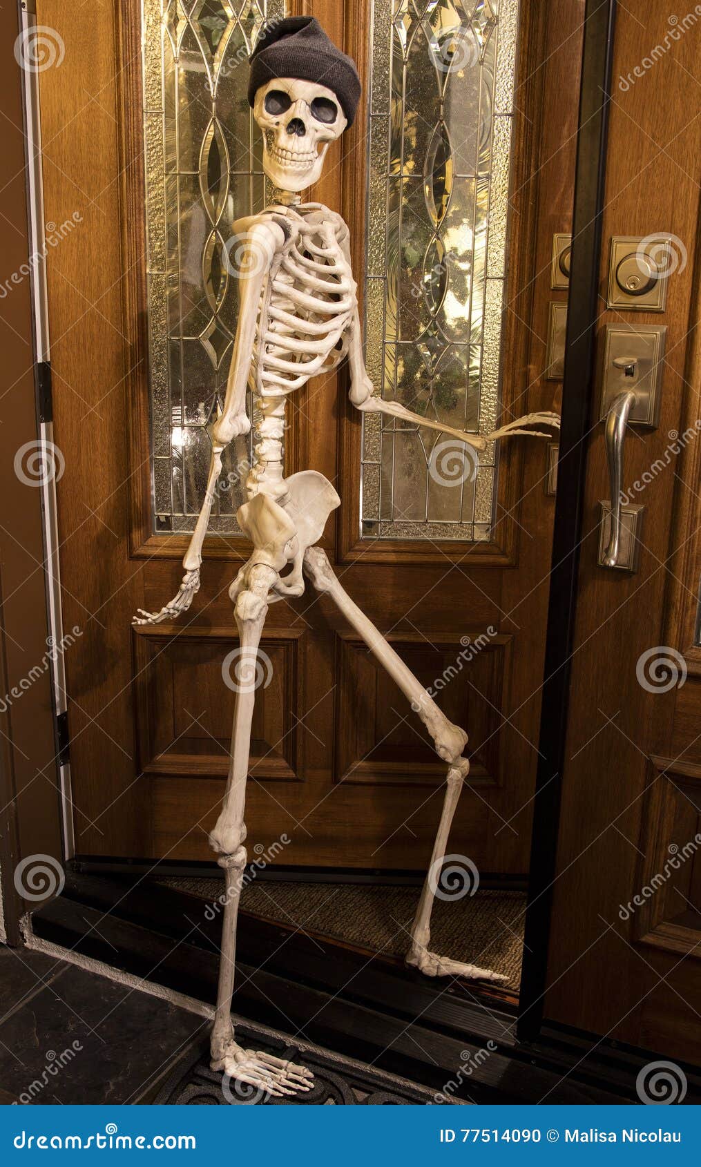 Halloween Skeleton Greeting at the Door Stock Photo - Image of reaper ...