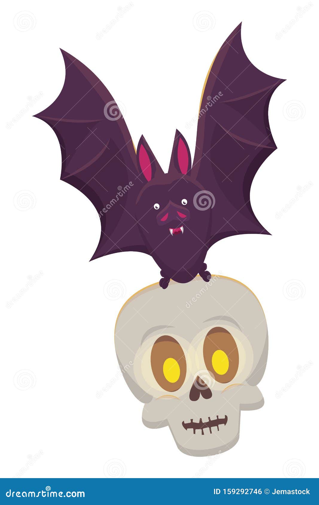 Halloween Skull Head with Bat Flying Stock Vector - Illustration of ...