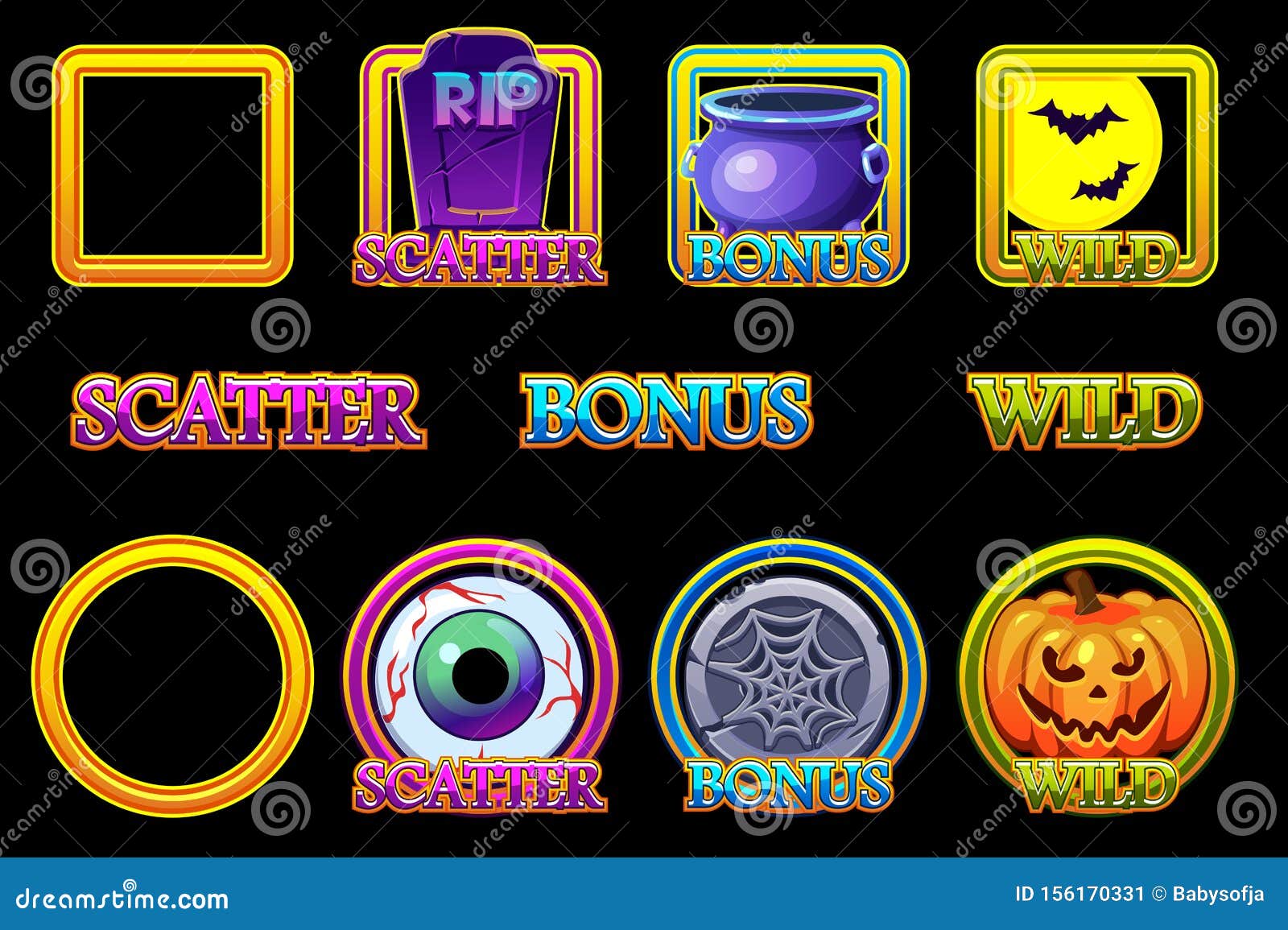 Halloween Slots Icons in Frame. Wild, Bonus and Scatter Icons for Slots ...