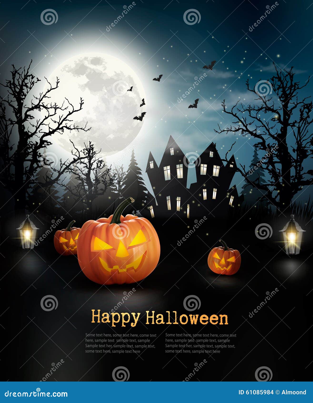 Halloween Spooky Night Background With Full Moon And Gory October Text ...