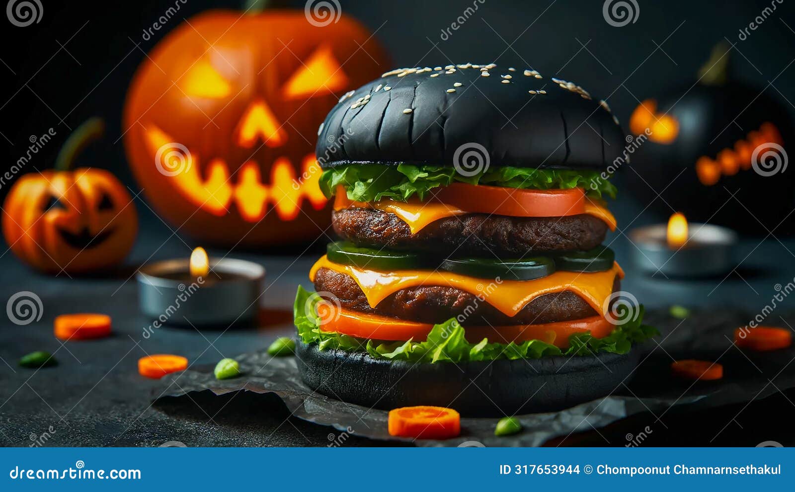 Halloween Spooky Black Burger, with a Pumpkin Head Jack-o-lantern in ...